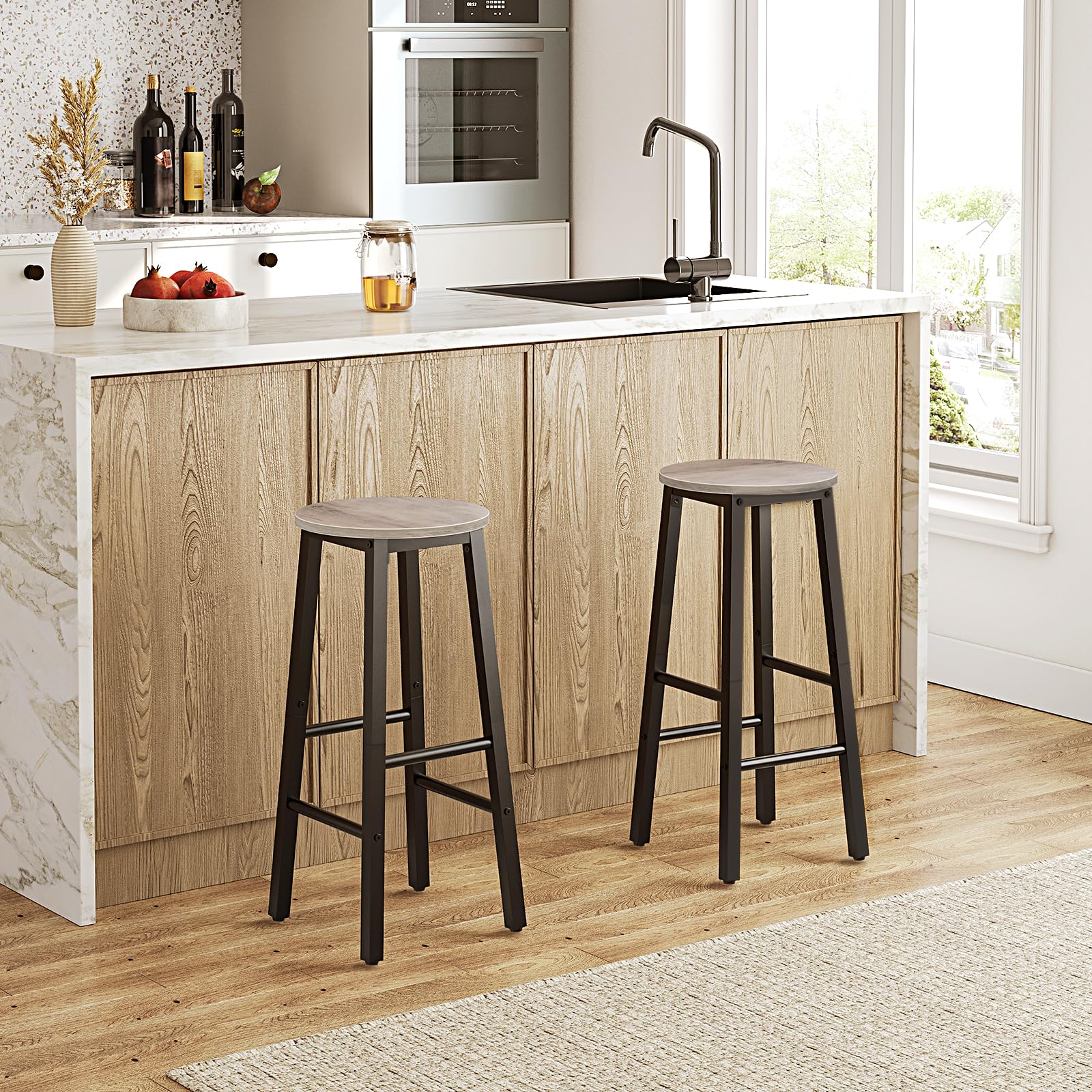 HOOBRO Bar Stools Set of 2, Counter Height Bar Stools, 25.8" Bar Stools for Kitchen Island, Industrial Kitchen Bar Chairs, for Dining Room, Kitchen, Bar, Greige and Black BG07BY01G1