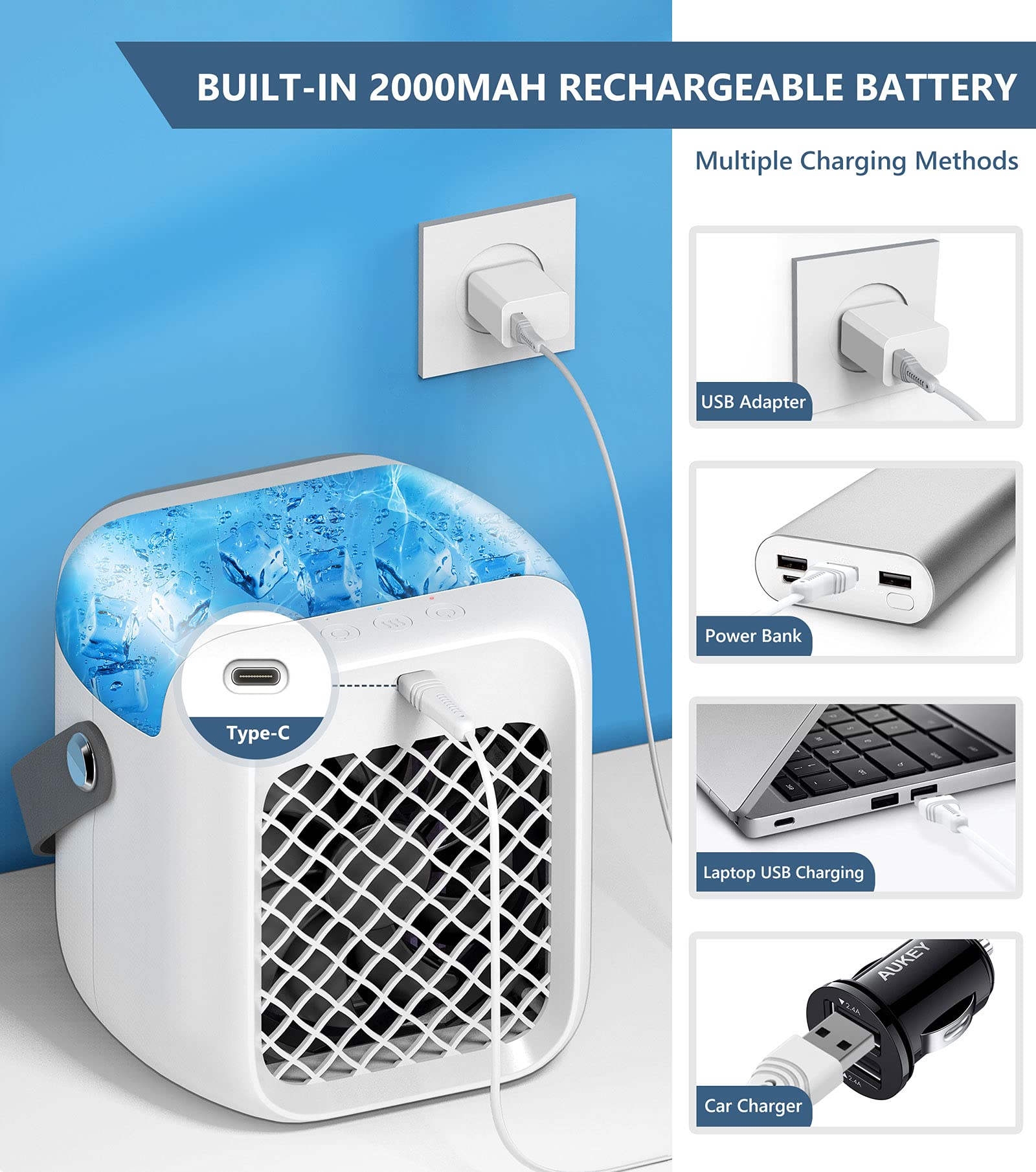 Portable Air Conditioners, Anti-Leak Personal Mini Air Conditioner Fan, Rechargeable USB Evaporative Air Cooler With 3-Speed Mode LED Light,Quiet Desktop Cooler for small Room Office Camping Car