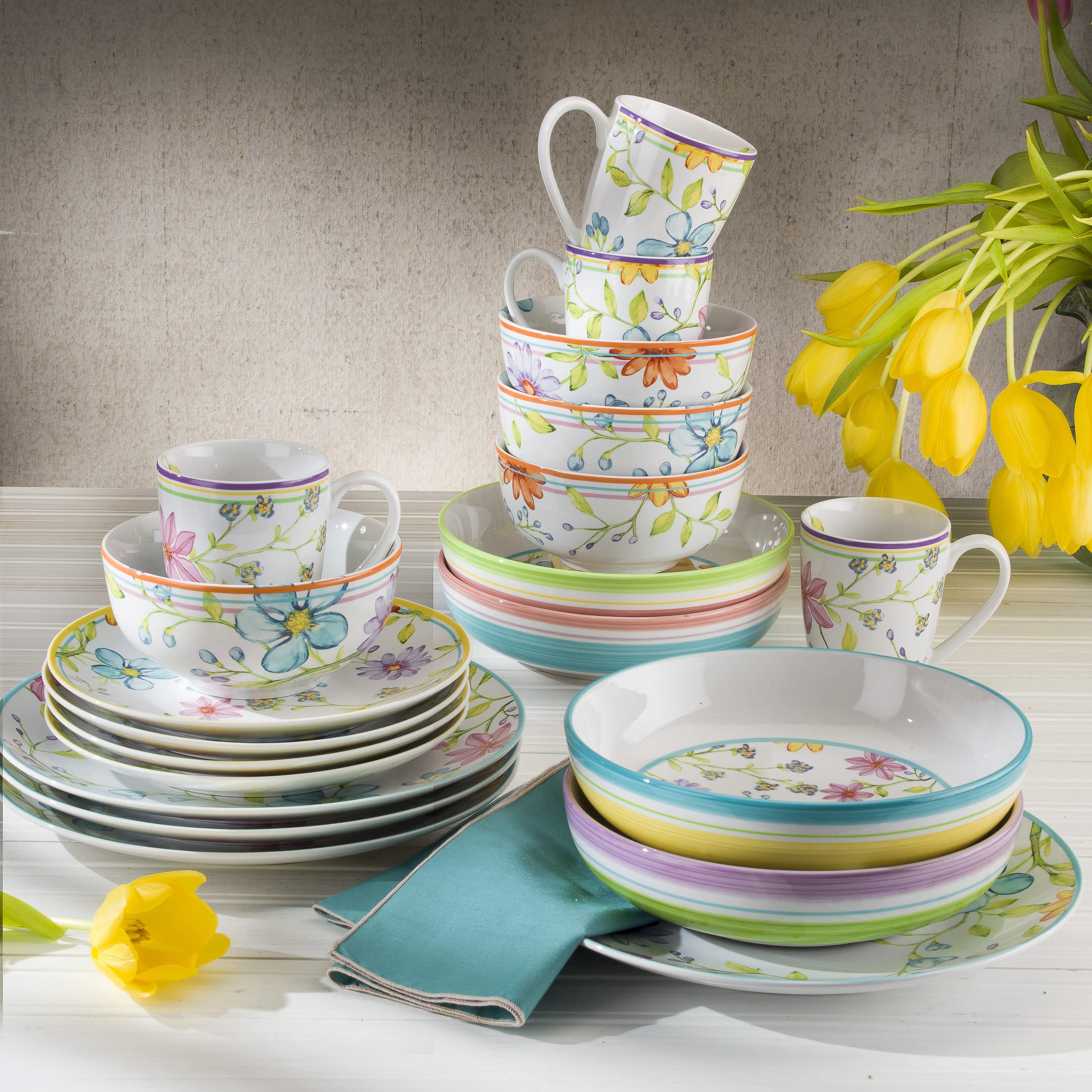 Charlotte Collection 15" Oval Platter and 9" Fruit/Vegetable Bowl, Multicolor Watercolor Floral/Garden Design, 2 Piece Stoneware Serving Set