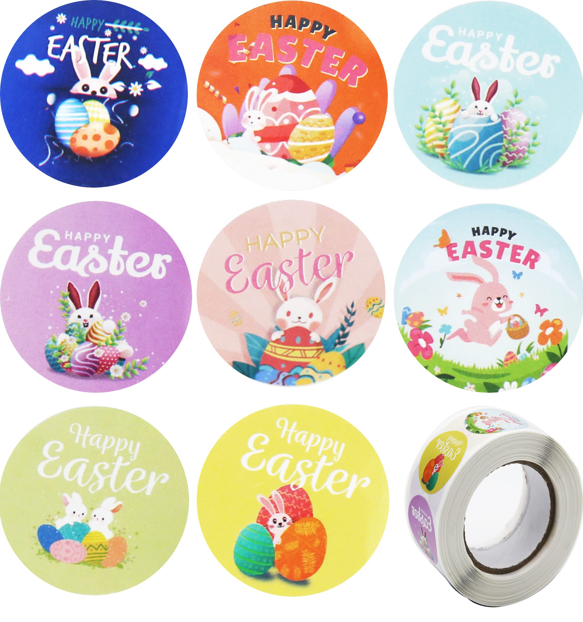DAFURIET 500pcs Easter Bunny Stickers for Kids, Cute Happy 1 inch Self-Adhesive Easter Stickers, 8 Designs Happy Bunny Waterproof Stickers Per Roll for Easter Art Craft