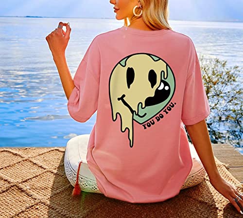 MISSACTIVER Women Oversized Graphic Print Tee Shirt Loose Short Sleeve Round Neck Drop Shoulder Tee Top Pullover Pink