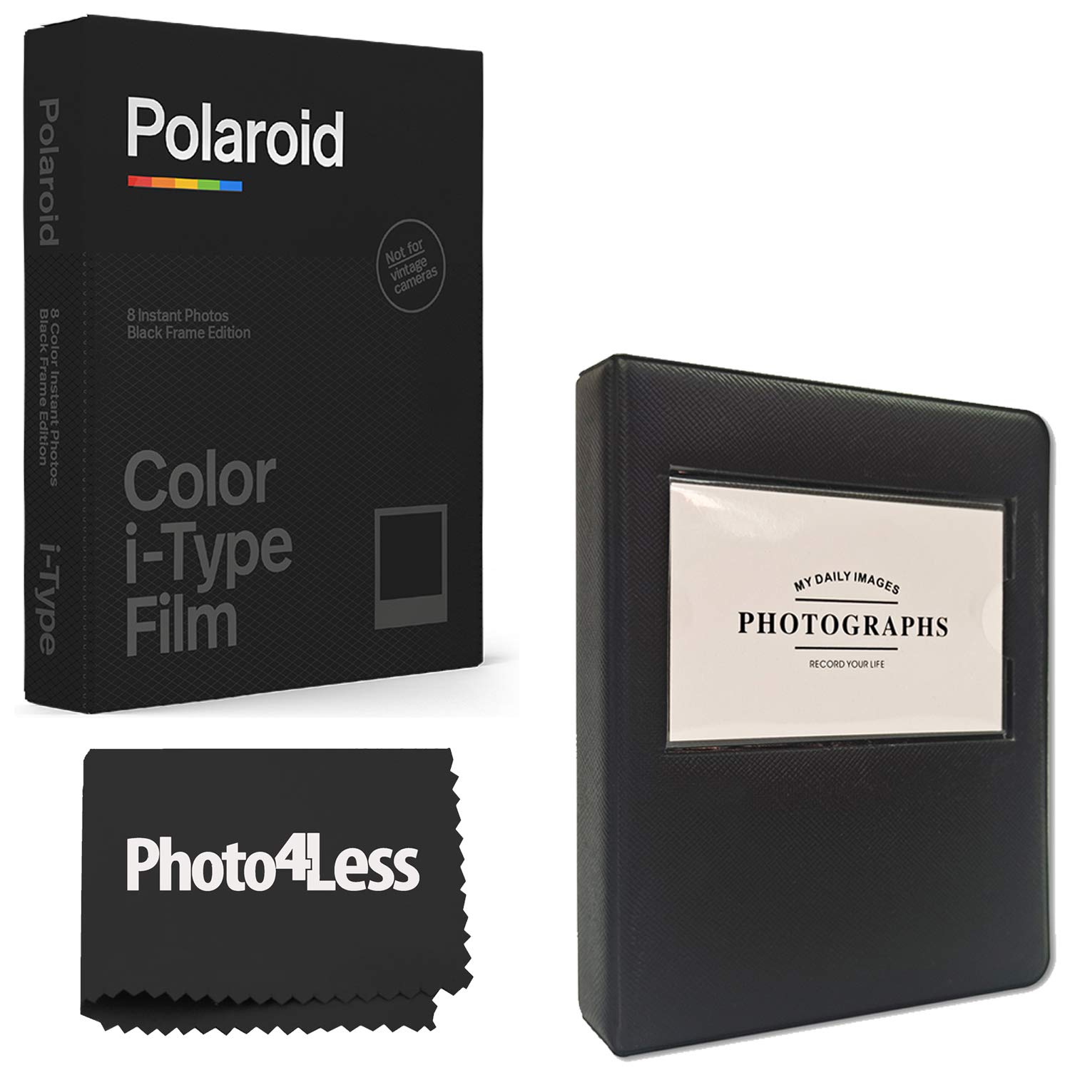 Polaroid Color Film for i-Type - Black Frame (8 Exposures) + Black Album Holds 32 Photos + Cloth