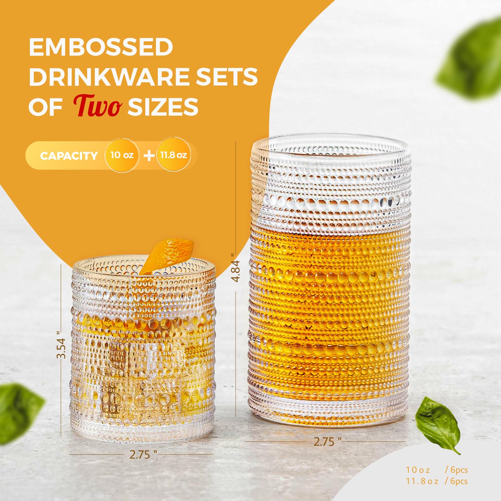FULGNU Hobnail Drinking Glasses Set of 12, 11.8 oz Vintage Glasses Drinking Set & 10 oz Cocktail Glasses Set, Embossed Glass Cups for Kitchen, Beer, Juice, Cocktail, Whiskey, Milk