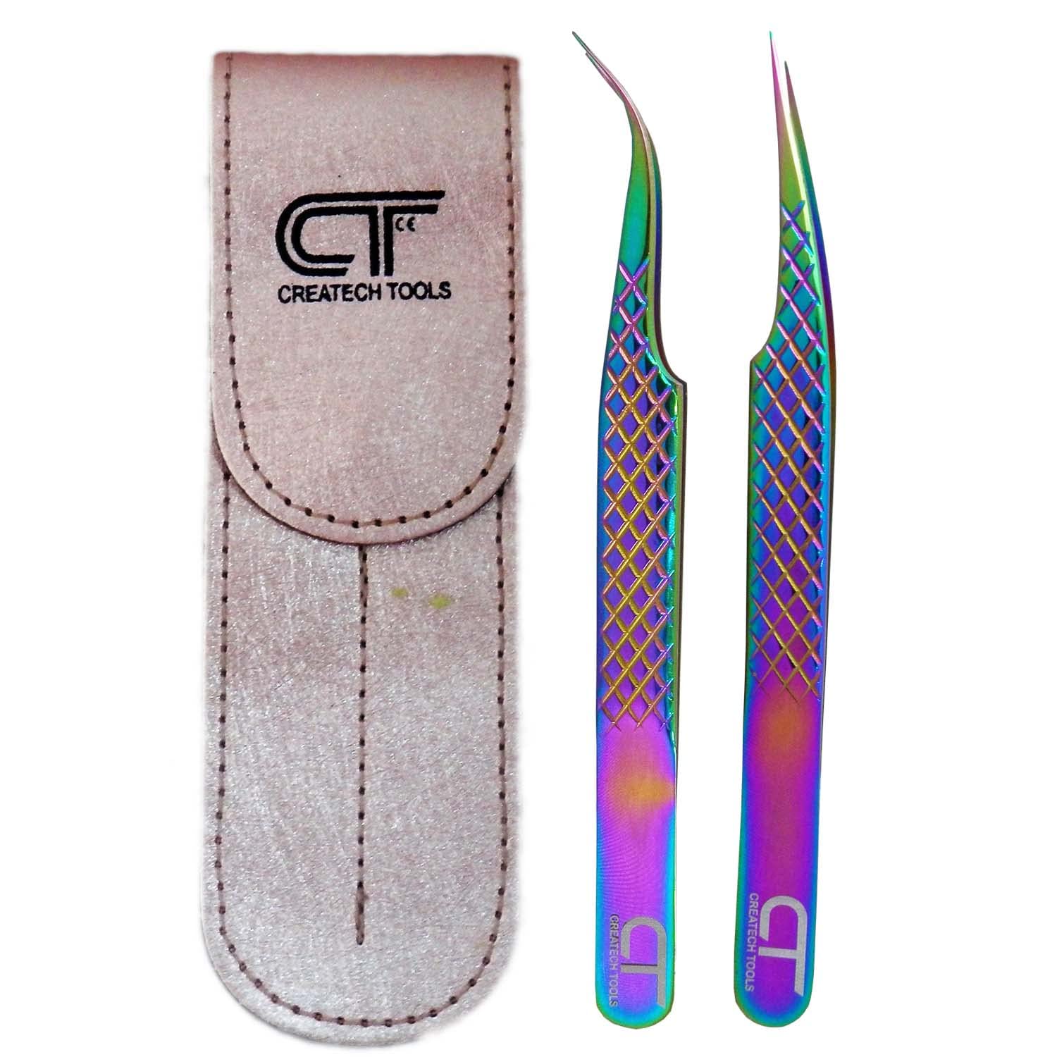 Createch Tools CT Eyelash Tweezers β Lash Tweezers for Extensions, Straight, Curved, Individual, Russian Volume, Isolation β Stainless Steel Rainbow Set (2-PCs Rainbow Set) (ELT)