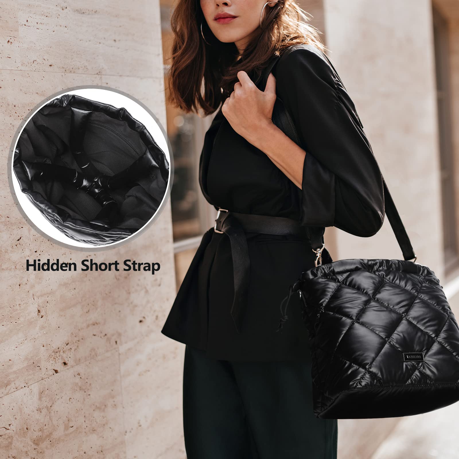 BBCREAT Puffer Bag, Quilted Crossbody Bags for Women Drawstring Puffer Tote bag Trendy Waterproof Shoulder Bag Lightweight Puffer Purse(Black)