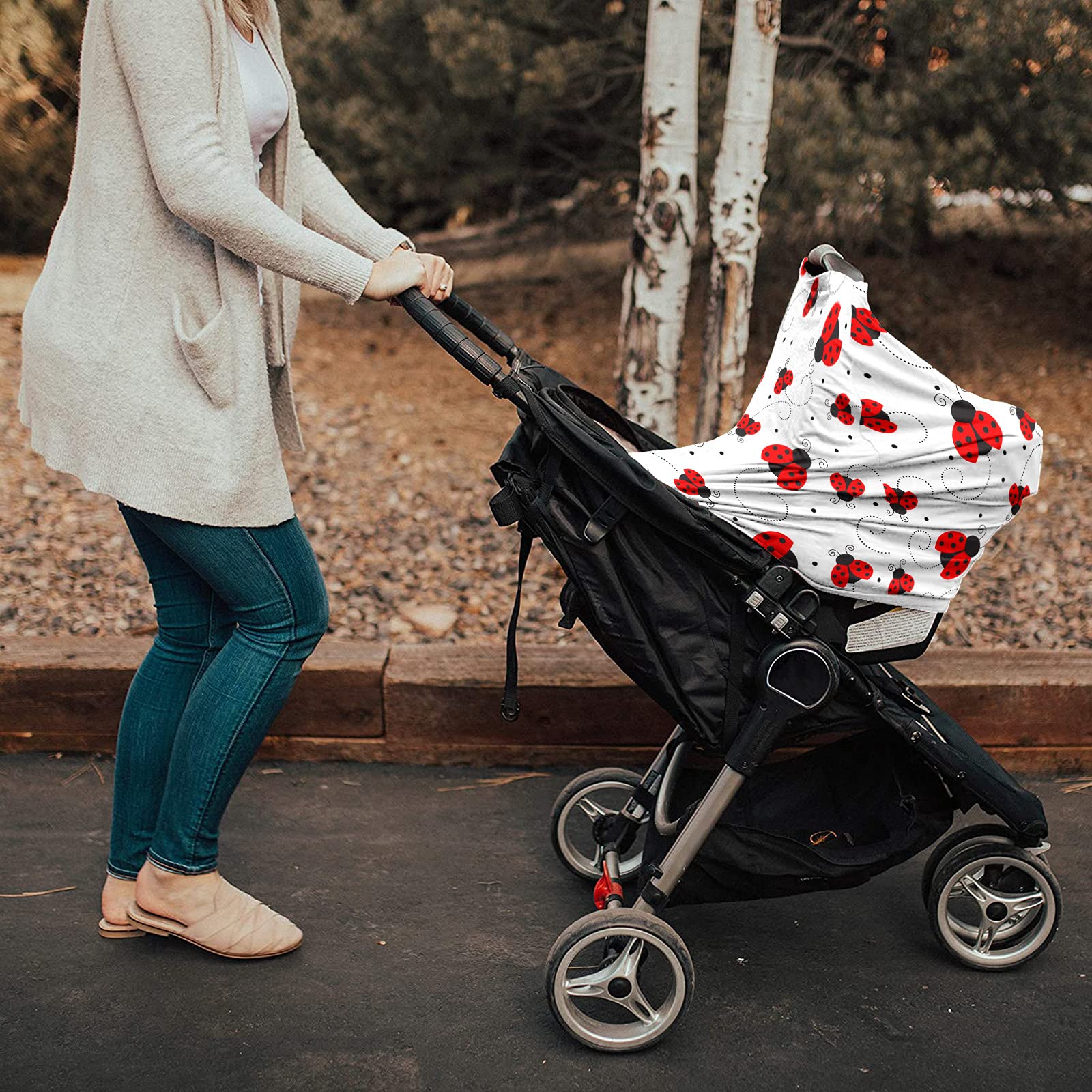 Car Seat Cover for Babies Ladybug Dotted Texture Soft Breathable Infant Stroller/Shopping Cart/High Chair Cover,Stretchy Car Seat Canopy 26''x27.6''