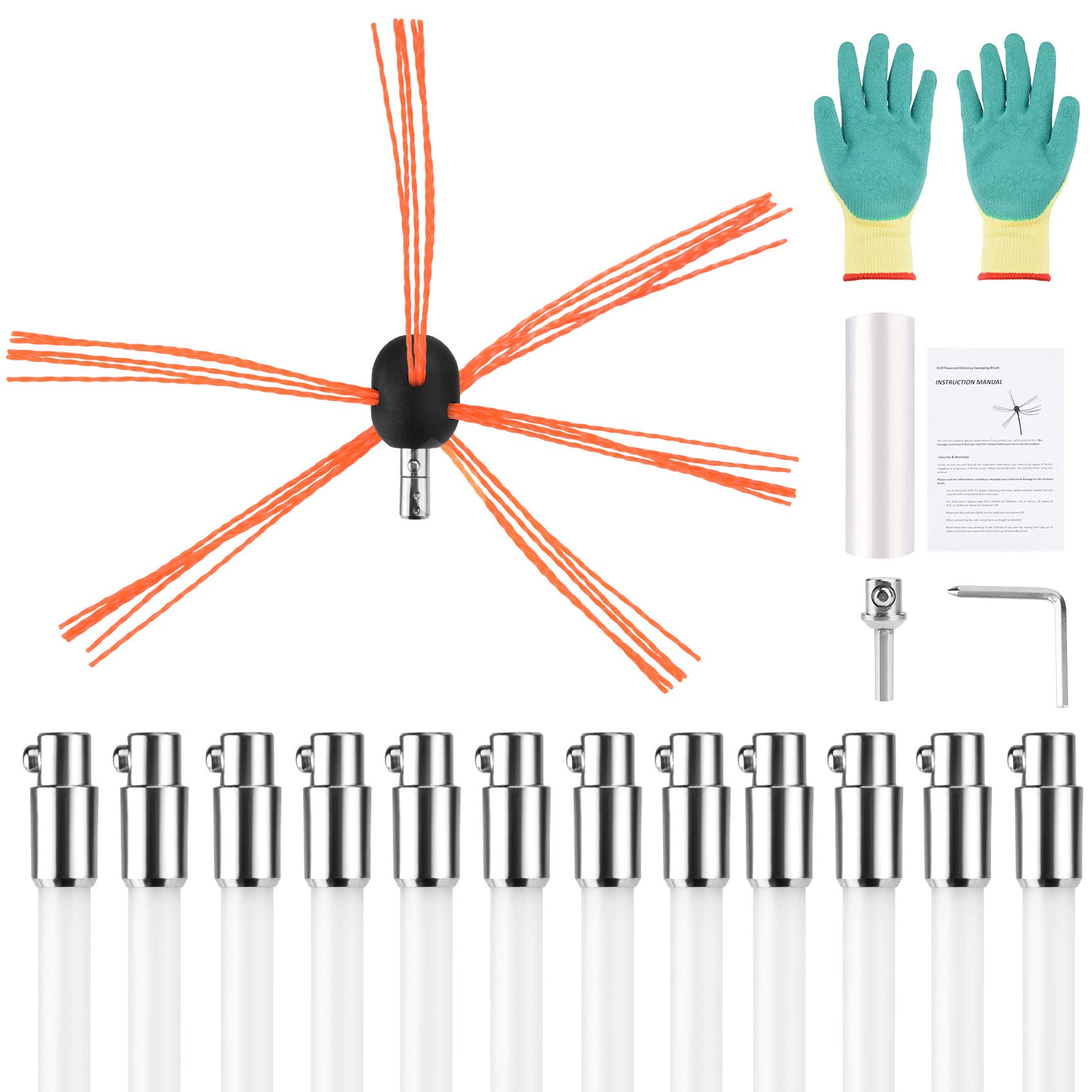 Slendor Chimney Sweep Kit, 39 Feet Chimney Cleaning Kit Chimney Cleaning Tool Chimney Brush with Button Locking System with 12 Nylon Flexible Rods for Sweeping Chimney Fireplaces.