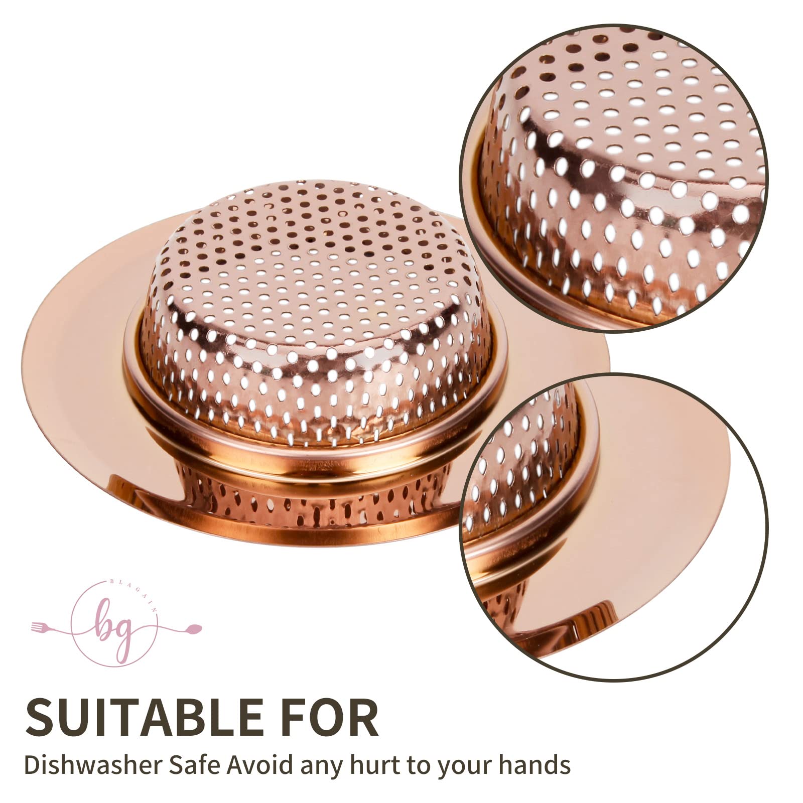 BLAGAIN 2PCS Kitchen Sink Strainer, Stainless Steel Sink Drain Strainer, Food Catcher for Most Sink Drains Basket, 4.5 Inch Diameter, Rose Gold