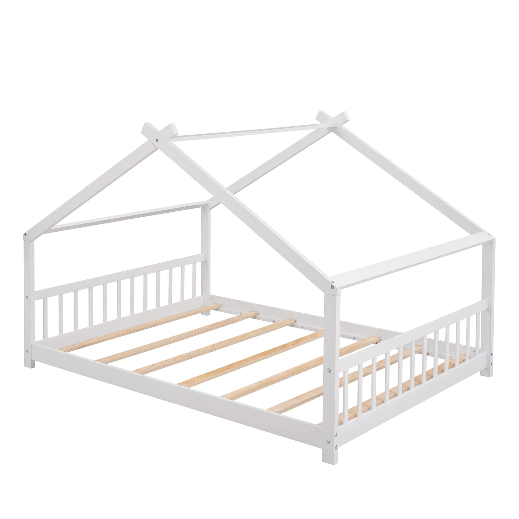 Full House Beds White Montessori Bed Wood Frame Kids Platform Bed with Headboard & Footboard for Children Boys Girls Teens