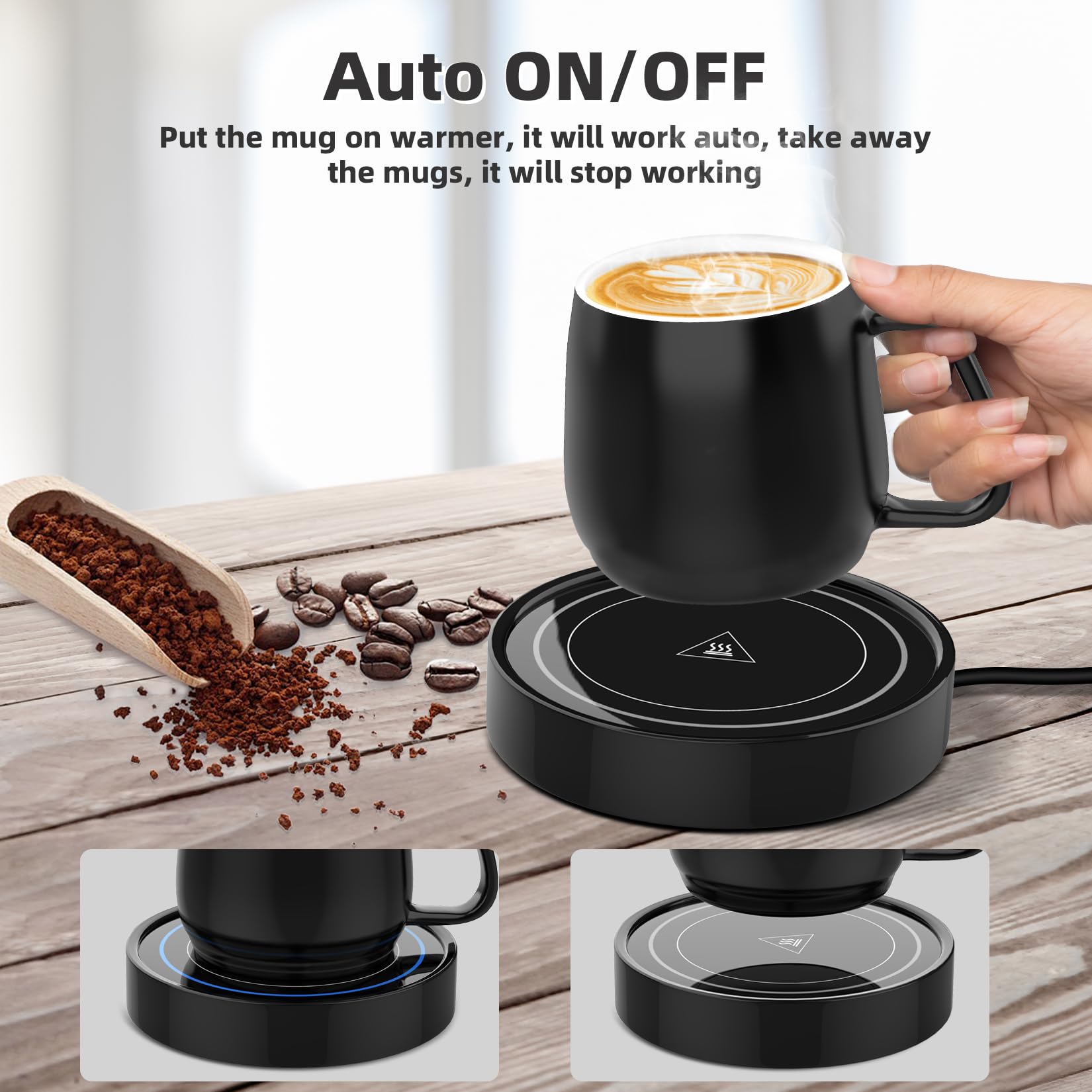 Dimux Coffee Warmer with Mug Set - Electric Beverage Cup Warmer for Desk Office Home Use, Candle Warmer Heating Plate with Gravity Switch Auto Shut Off (Up to 131F/55C), 12oz (Blue Set)