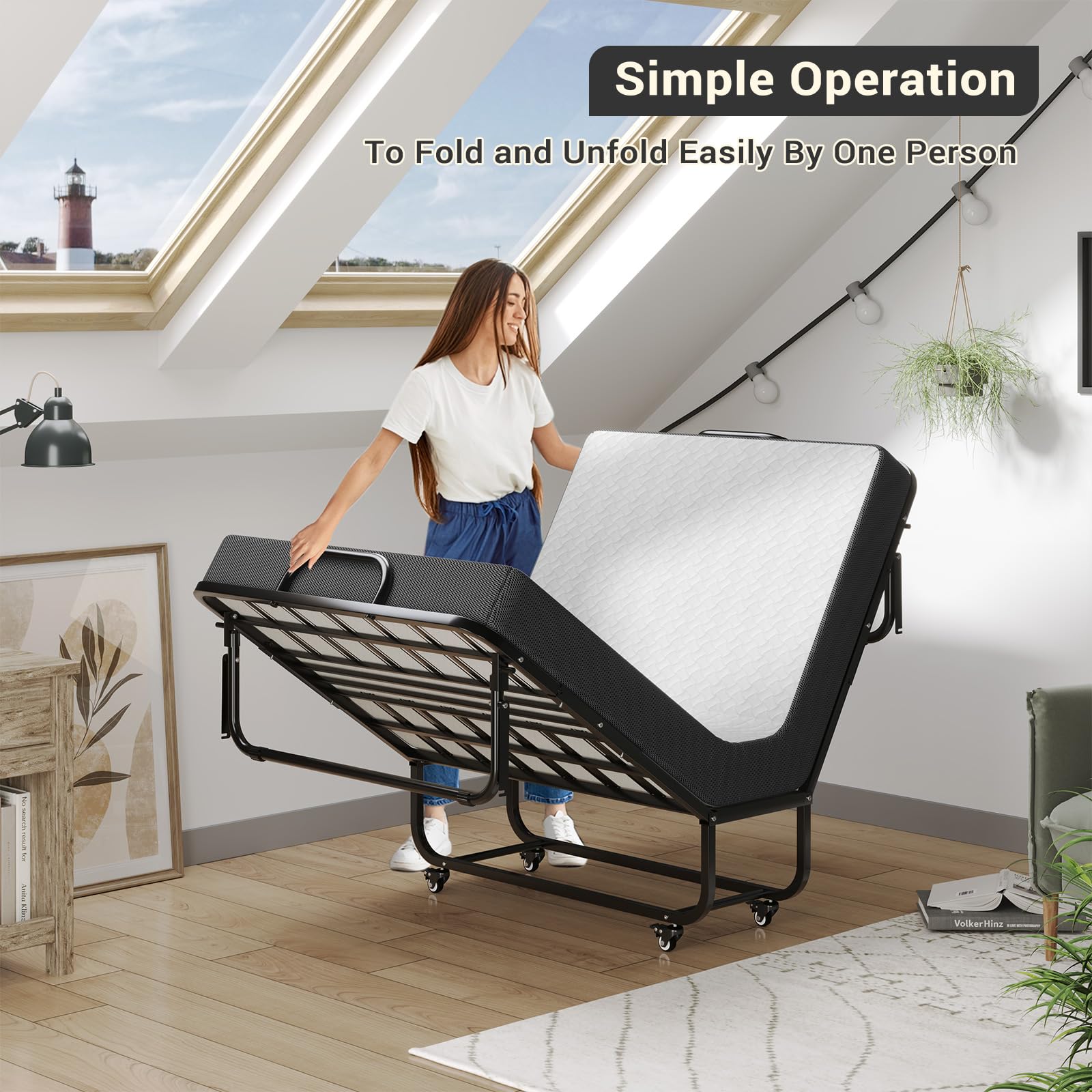 DICTAC Folding Bed with Mattress 75x38 Twin Size Bed Frame Portable Foldable Guest Bed for Adults Rollaway Bed with Wheels Fold up Bed with Metal Slats Bed Frame- 5'' Luxurious Memory Foam Mattress
