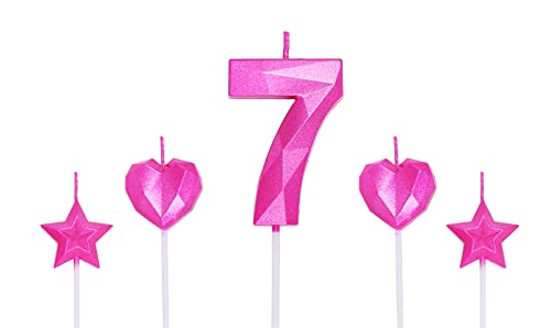 Pink Number 7 Candles and Star Heart Candles 2.76 inch Number Candles for Birthday Cakes 3D Diamond Shaped for Cake Decorations(Pink Candle 7)