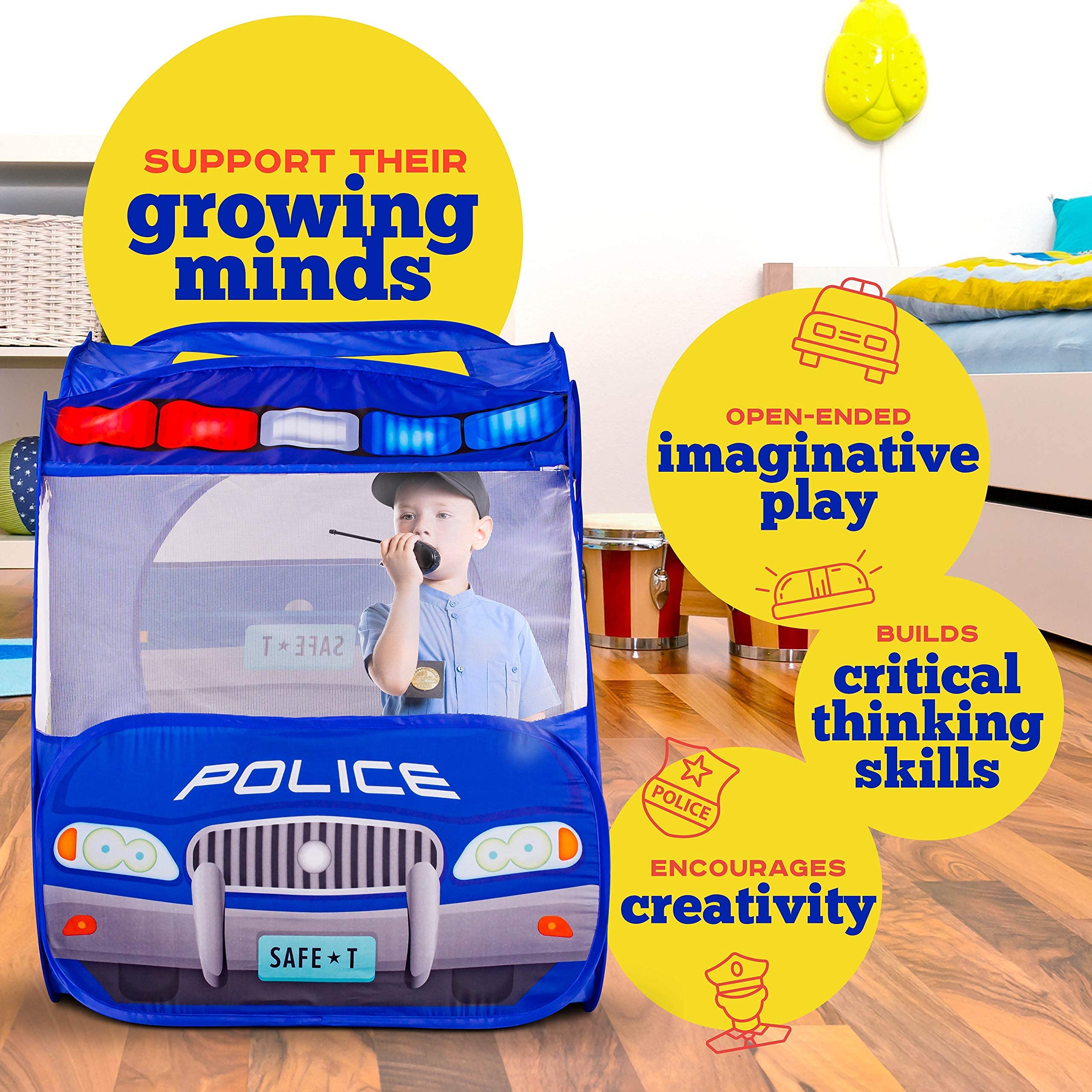 Police Car Pop Up Play Tent with Sound Button for Kids, Toddlers, Boys, Girls, Indoors & Outdoors – Playhouse for Interactive Fun - Foldable, Quick Setup Pretend Play Toys & Gift