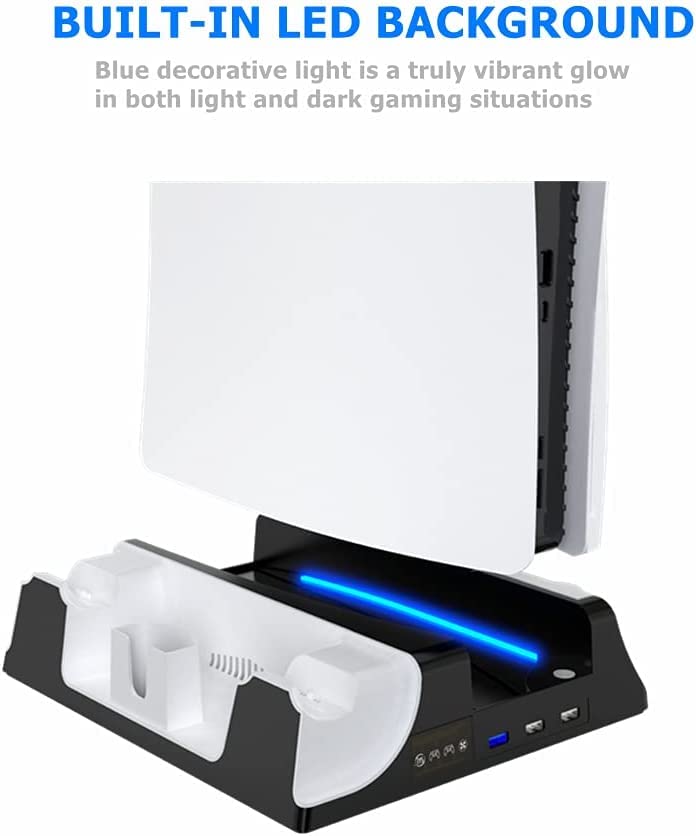 JDDWIN PS5 Vertical Charging Stand with Cooling Fan & Controller Hanger for PS5 Console,PS5 Stand Accessories with Dual Controller Charger and Game Rack Storage Organizer with 3 USB Ports