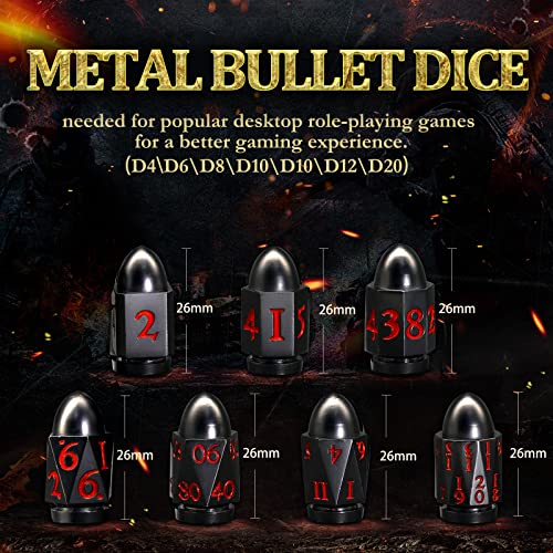 Metal Bullet Dice Set, DND Dice Set Dungeons and Dragons Dice, ZHOORQI D6 Dice Set D&D Dice Gifts for Role Playing Games, Pathfinder, Warhammer 40k or Theme Tabletop Games(7Bullet-Black Red)