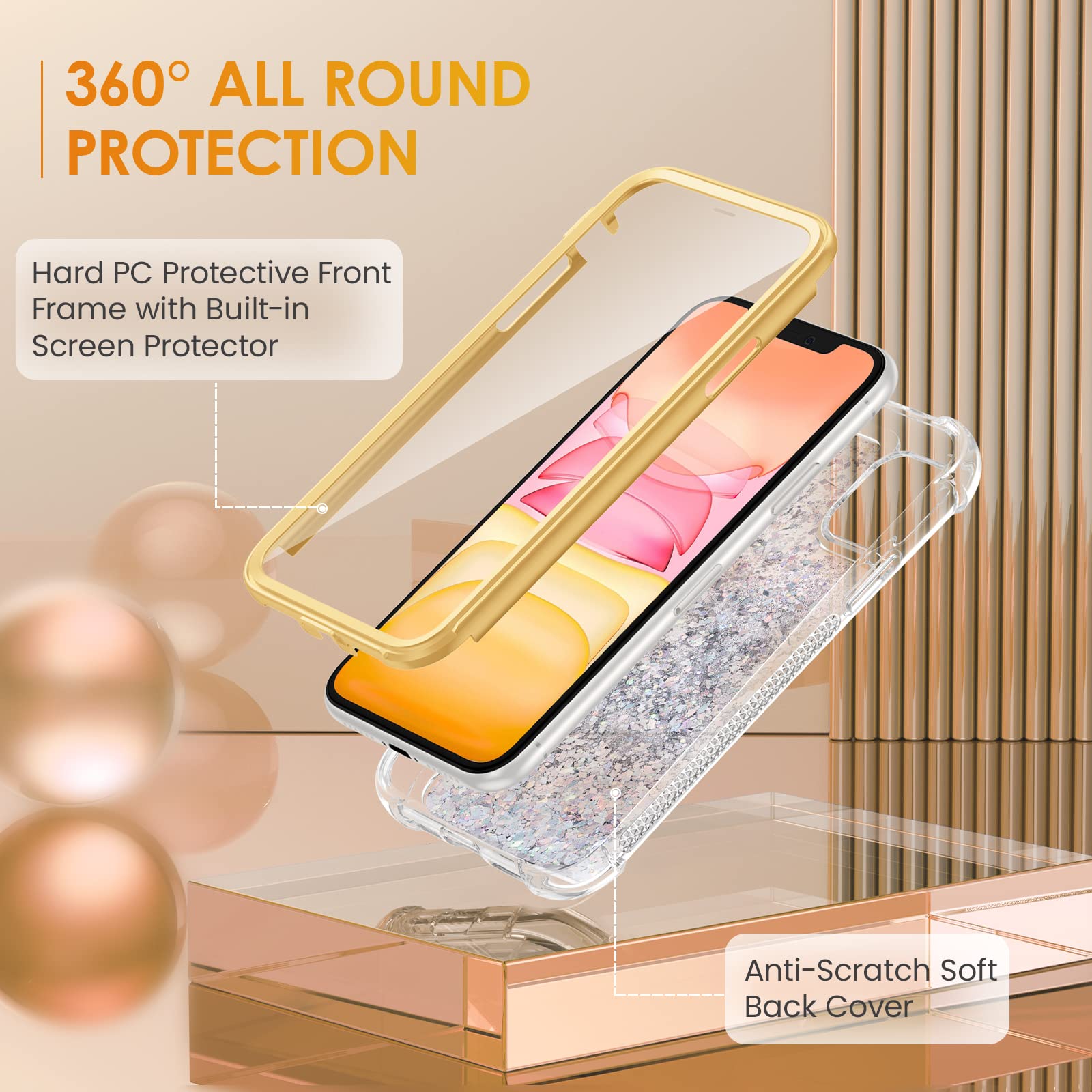 Caka Case for iPhone 11, iPhone 11 Phone Case with Screen Protector for Women Girls Girly Glitter Bling Full Body Protection Case Shockproof Rugged Case for iPhone 11 6.1 (Sunflower)