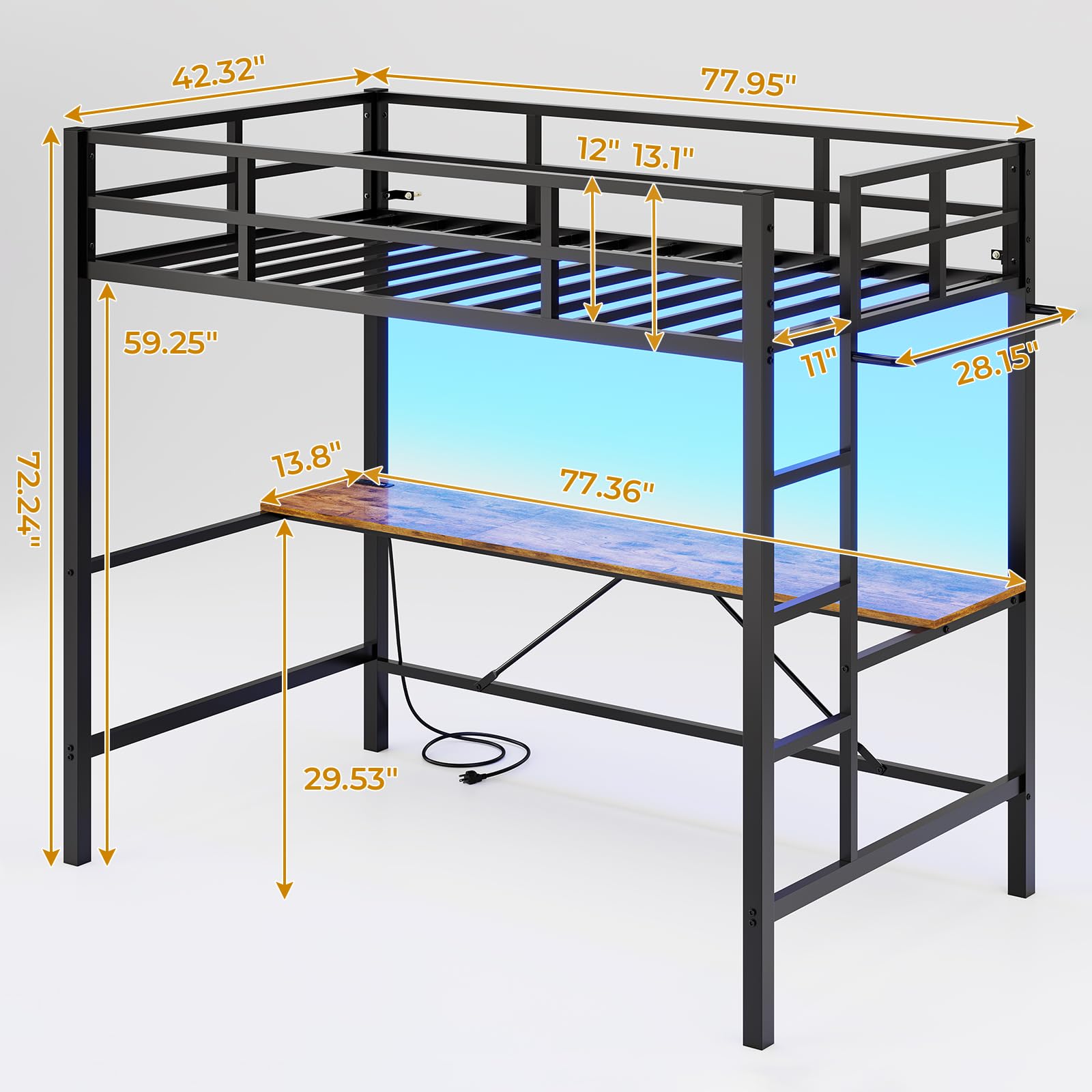 DICTAC Loft Bed Full Size with Desk and Led Lights Full Metal Loft Bed with Charging Station Full Size Metal Bed Frame with Safety Guard & Ladder, Space-Saving,No Noise,No Box Spring Needed, Black