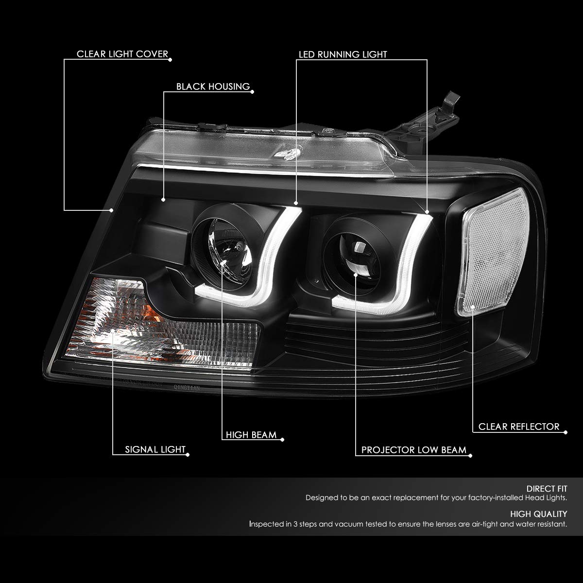 Auto Dynasty Dual LED DRL Projector Headlights Assembly Compatible with Ford F150 Lincoln Mark LT 2004-2008, Driver and Passenger Side, Black Housing Clear Corner