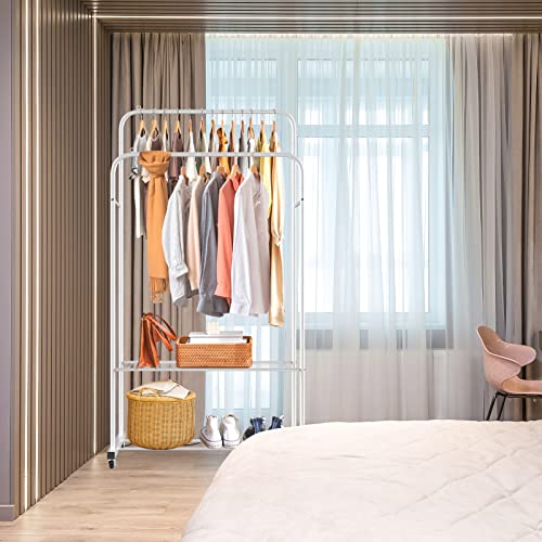 Metal Clothes Hanging Rolling Garment Rack with 2 Tier Shelves and Double Rod, Multi-Purpose Double Rail Standing Closet Storage Organizer, Upgrade Heavy Duty Rolling Pipe Coat Hanger for Boxes Shoes