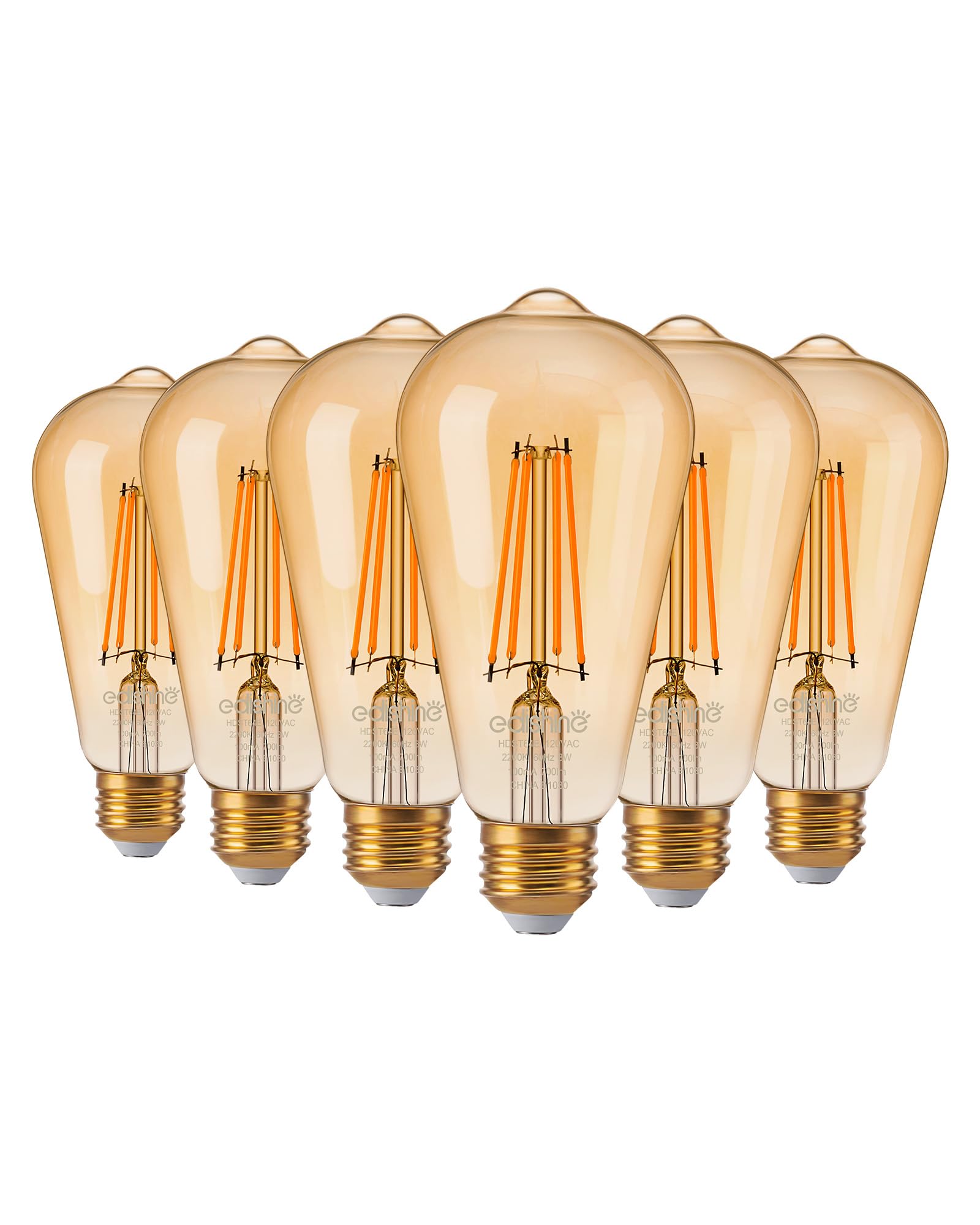 EDISHINE 6 Pack Vintage LED Edison Bulbs 8W Equivalent 60W, ST64 Dimmable Led Light Bulbs, 700LM 2200K Amber Warm Light E26, Decorative Antique LED Filament Bulbs for Home and Commercial, UL Listed