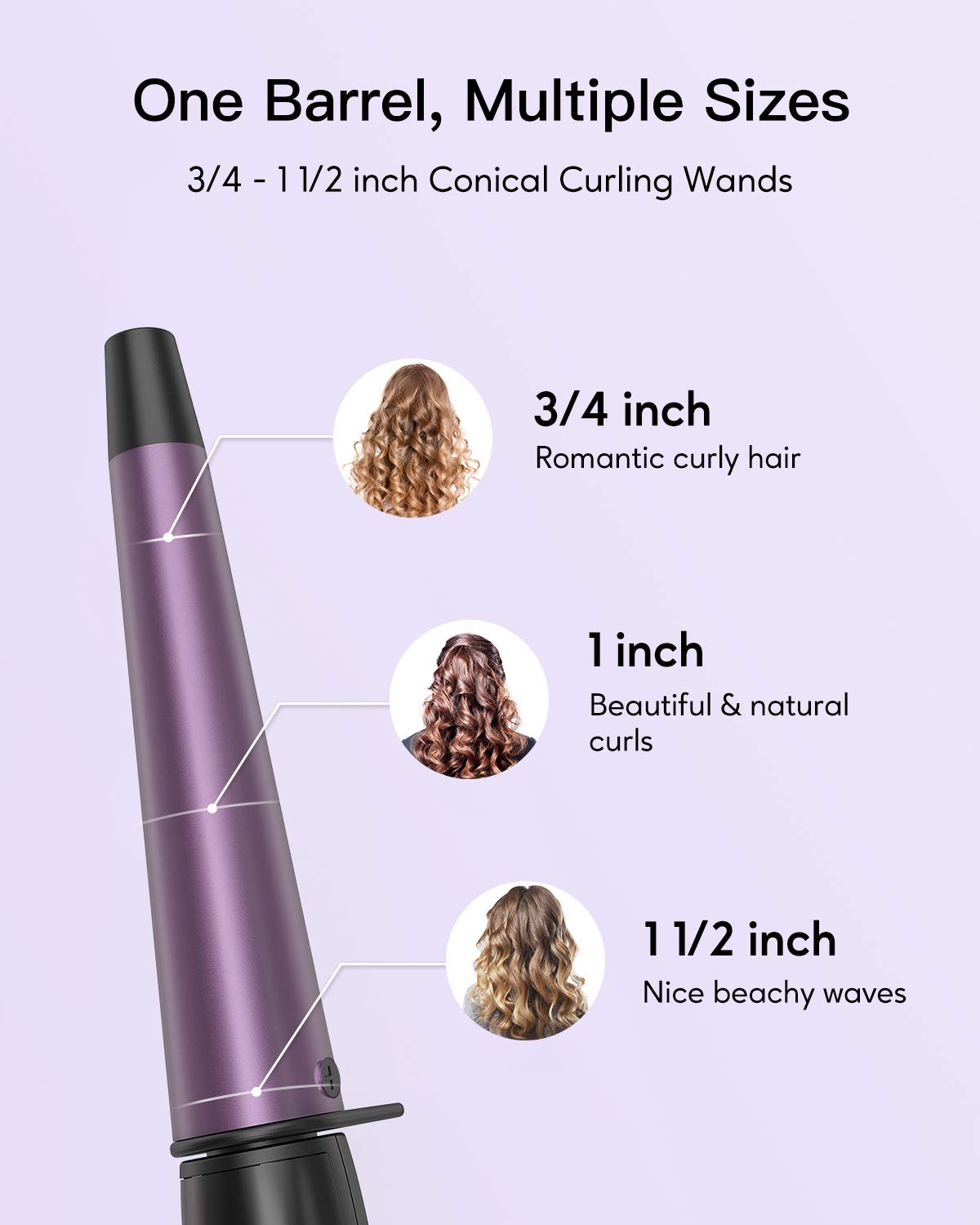Conical Curling Wand 3/4-1 1/4" Clamp-Free Ceramic Curling Iron, Digital Controls with 9 Heat Settings, Black/Purple