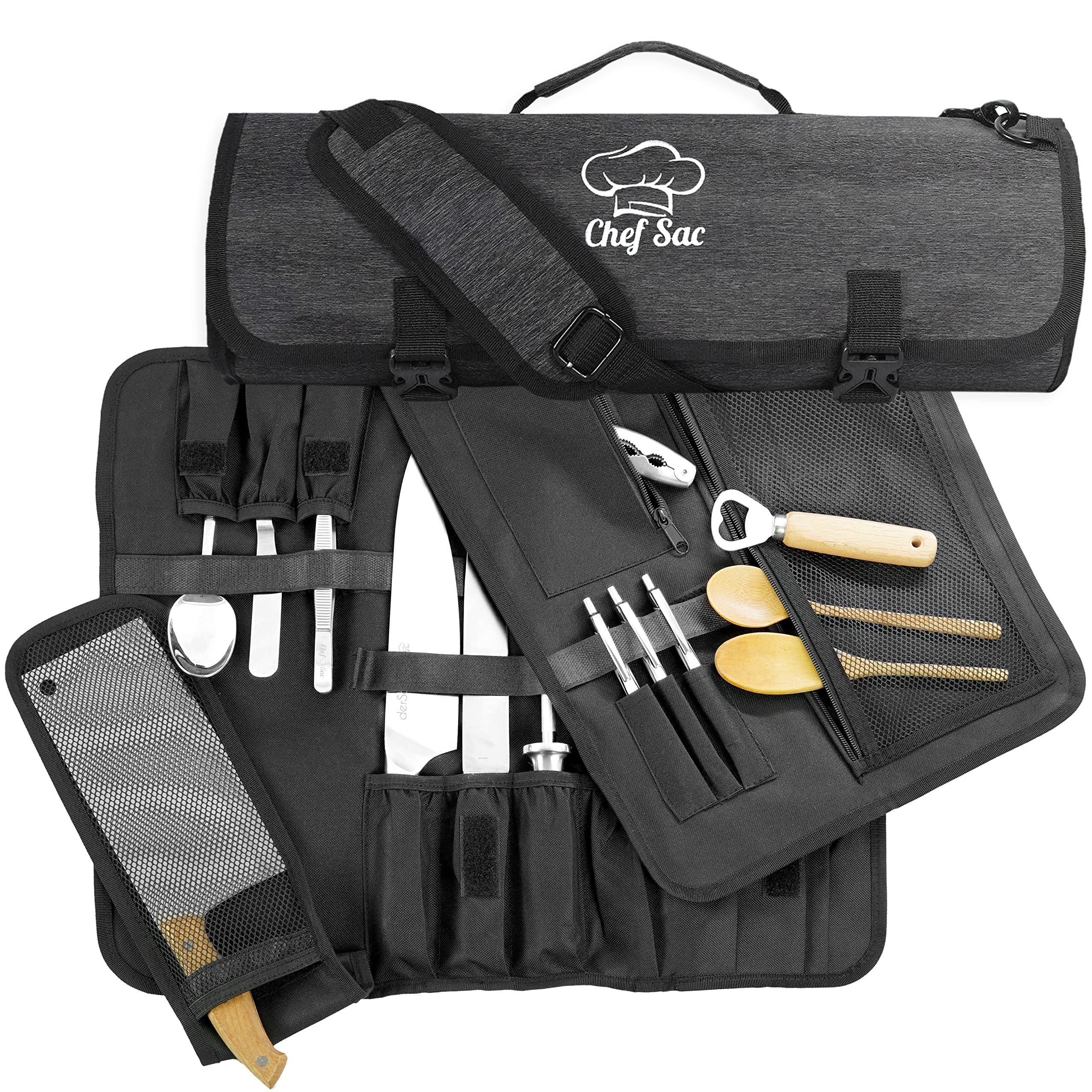 Chef Knife Roll Bag | 8+ Slots for Knives & Kitchen Tools | Water Resistant Knife Bag | Knife Carrying Case Only, Tools Not Included | Chef Knife Bag for Professional Chefs & Culinary Students (Blue)