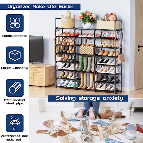 Mavivegue Metal Shoe Rack Organizer,8 Tiers Tall Shoe Shelf Storage,40-45 Pairs Vertical Large Boot Rack,Stackable Shoe Racks for Entryway, Closet, Garage, Bedroom,Cloakroom -Black
