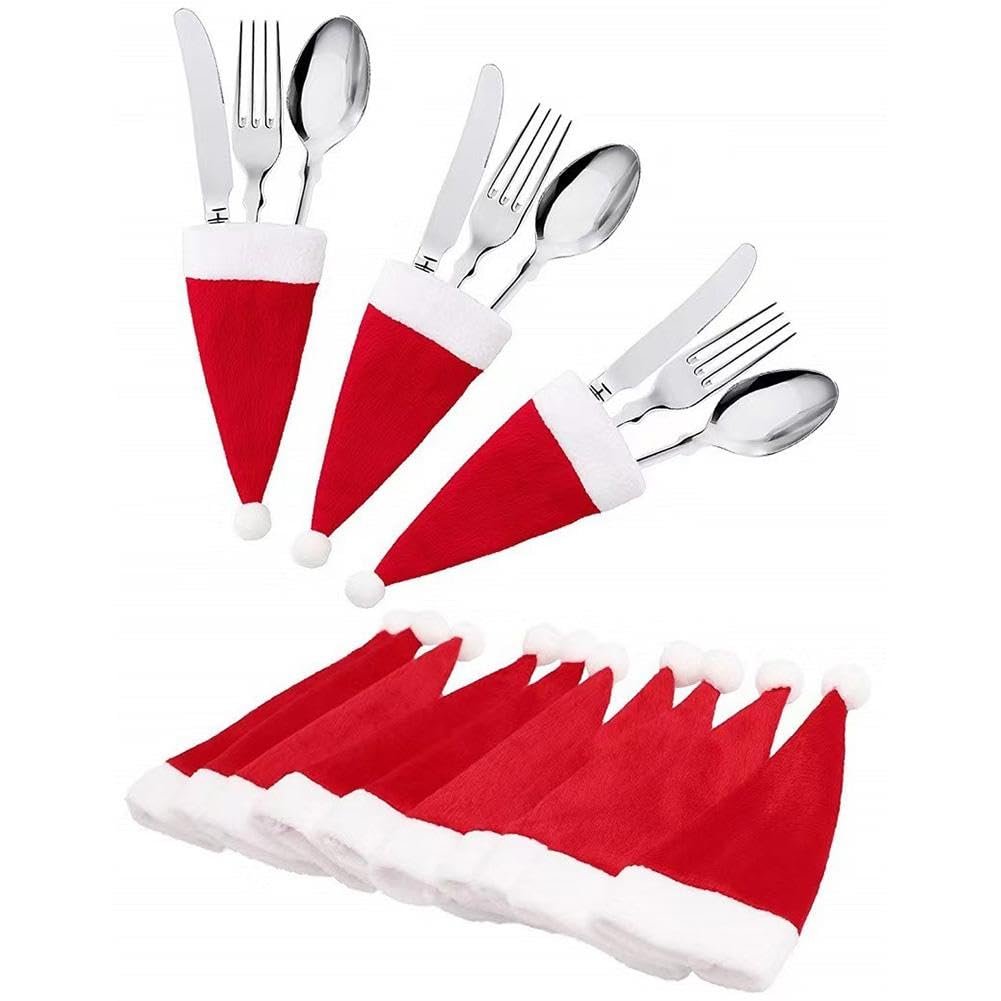 Christmas Santa Hats Silverware Holders,Xmas Party Dinner Table Dinnerware Decorations,Mini Santa Hats for Silverware Holders, Candy Covers, Wine Bottle Decor