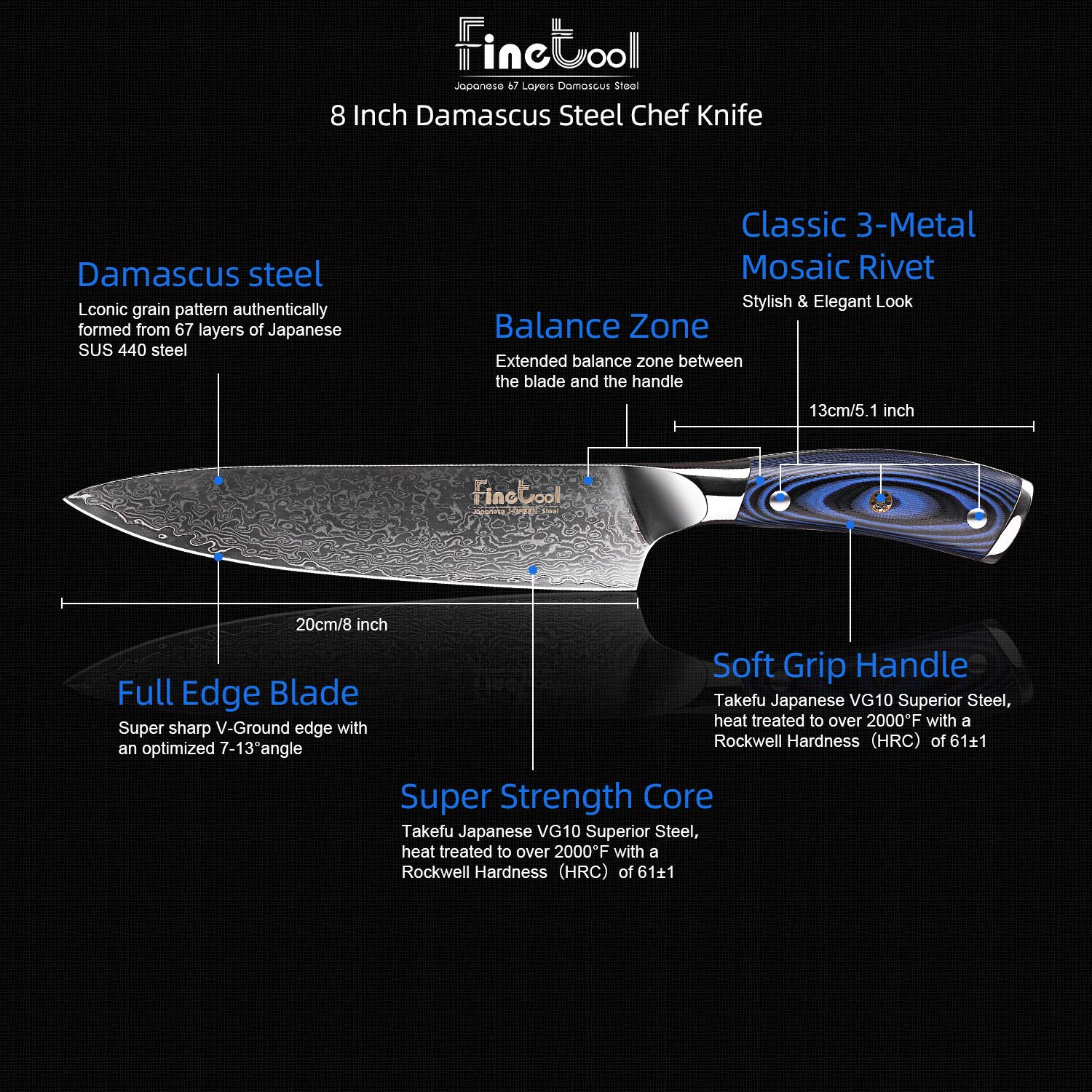 Chef Knives,FineTool 8 inch Professional Kitchen Knife Japanese Damascus VG10 67 Layer Stainless Steel Knives with Ultra Sharp Blue Micarta Handle