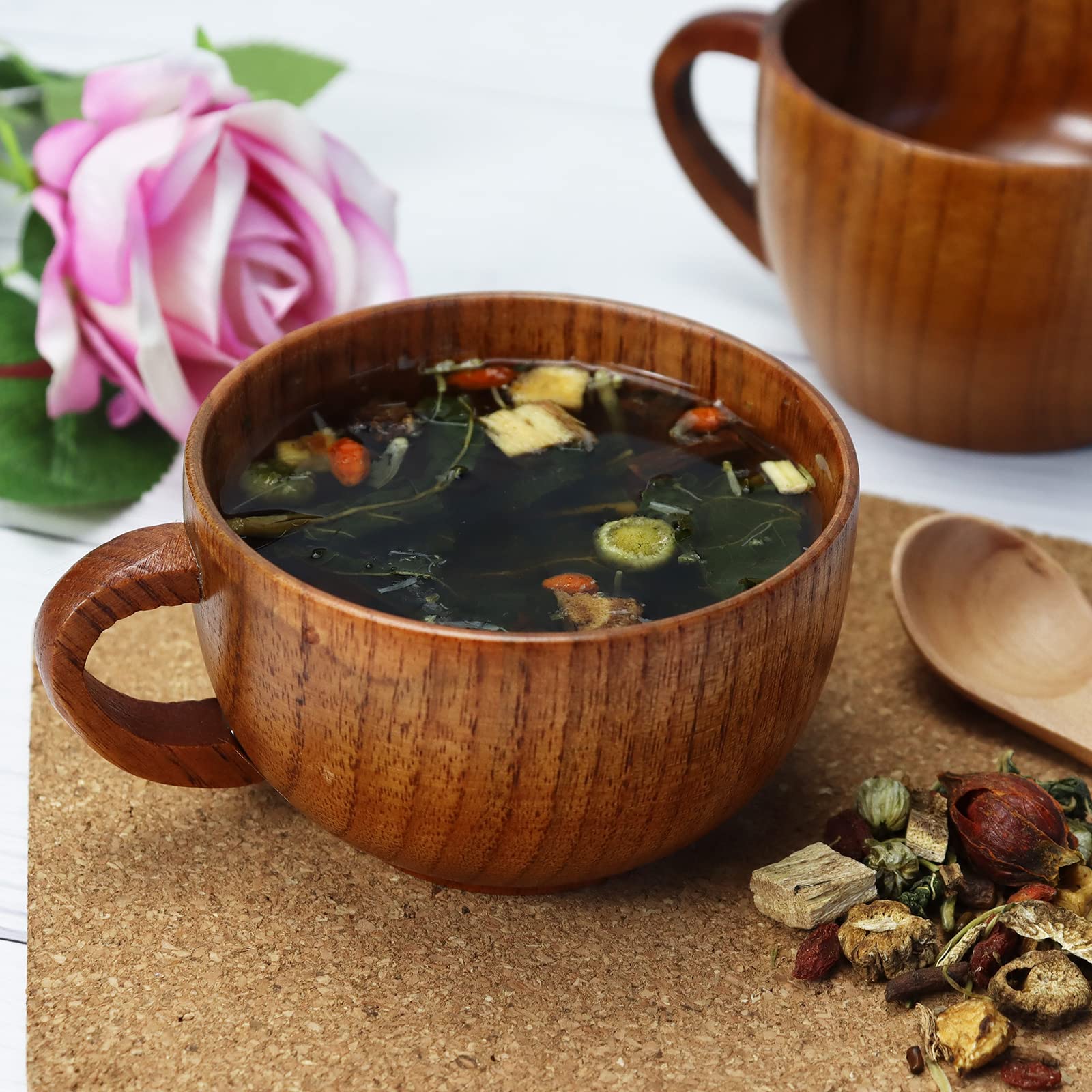 Buqoo Wooden Tea Cups, Coffee Mug Tea Cup Wood Drinking Cup Wine Mug Vintage Teacup Wooden Mug with Handle for Tea Milk Beer Water Juice (200 ML)