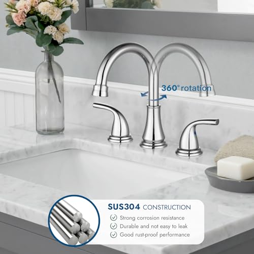 Cinwiny Widespread Bathroom Faucet for Sink 3 Hole 8 inch Deck Mounted Vanity Faucet 2 Handles Bathroom Sink Faucet with Pop up Drain,Polish Chrome,C-Handle