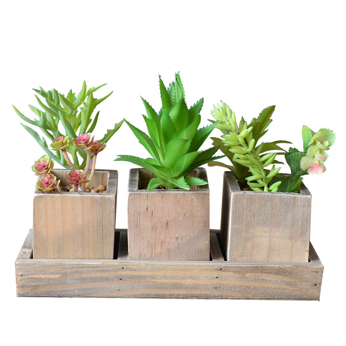 Set of 3 Fake Succulents Plants, Artificial Succulents with Rustic Style Wood Square Pots & Rectangular Tray, Desktop herb Garden Mini Faux Succulents for Home Décor