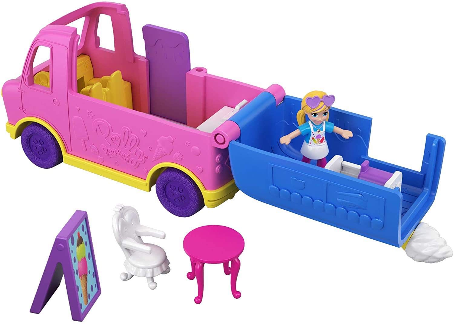 Polly Pocket Pollyville Transforming Ice Cream Truck with Ice Cream Flavor Display, Table, Chairs, Micro Polly Doll & Accessories