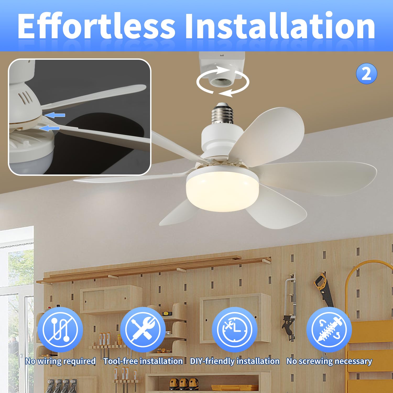 FanLito 20.5"" Light Socket Fan With Remote, Screw In Socket Fan Light For Crowded Corners Ventless, Need Ventilation & Airflow To Dry, For Kids Room, Small Attic, Walk In Closet, Small Kitchen Etc