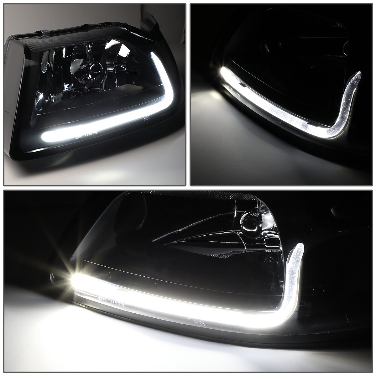 Auto Dynasty LED Light Bar DRL Strip Headlights Assembly Headlamp Kit Compatible with Ford Mustang 1999-2004, Driver and Passenger Side, Black Housing, Clear Lens