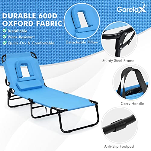 Giantex Chaise Folding Chair Adjustable Beach Patio Lounge Recliner, Blue