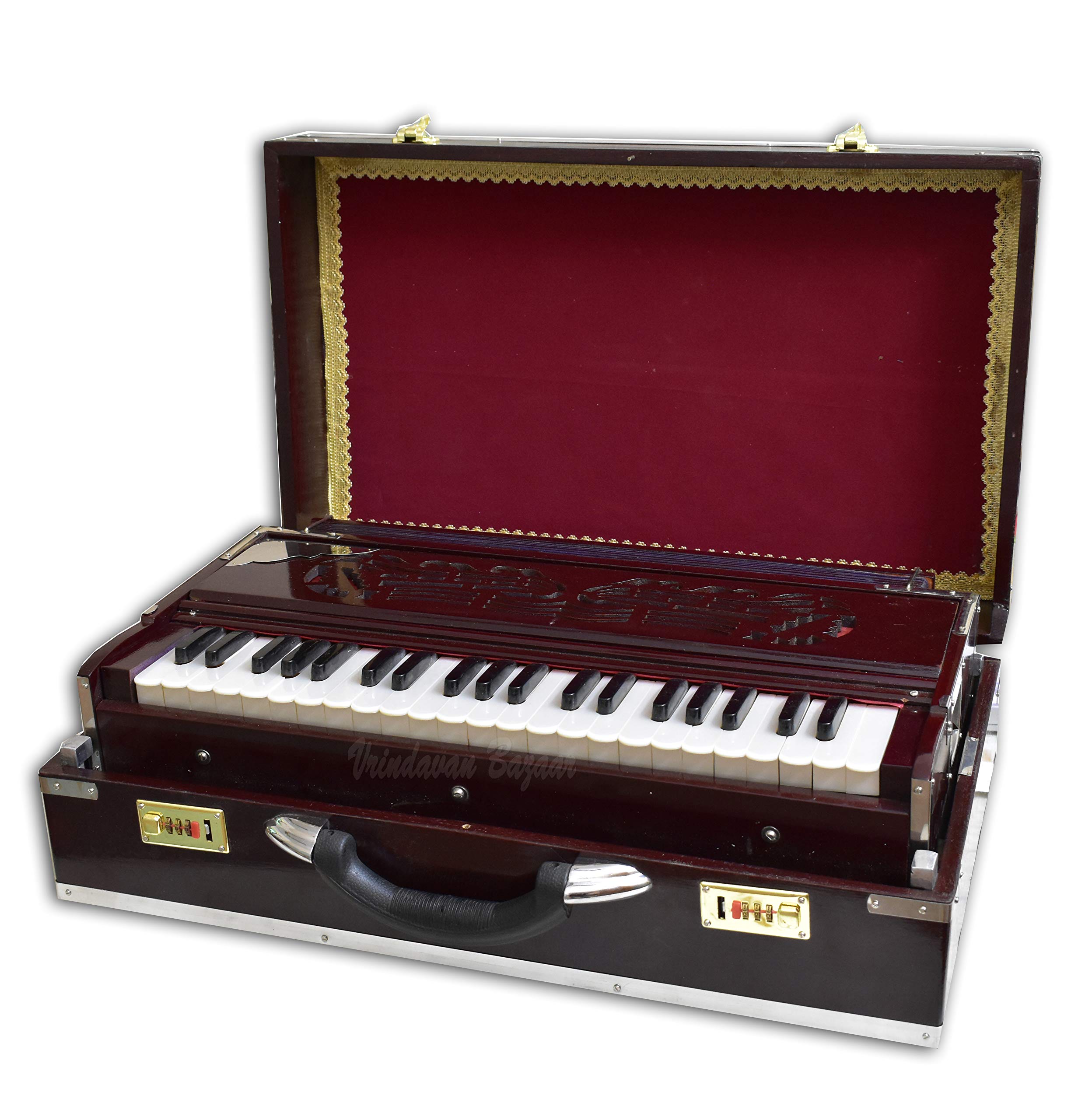 VRINDAVANBAZAAR.COM Deluxe Portable Harmonium, Dark Mahogany, 2 Reeds, 3.5 octaves
