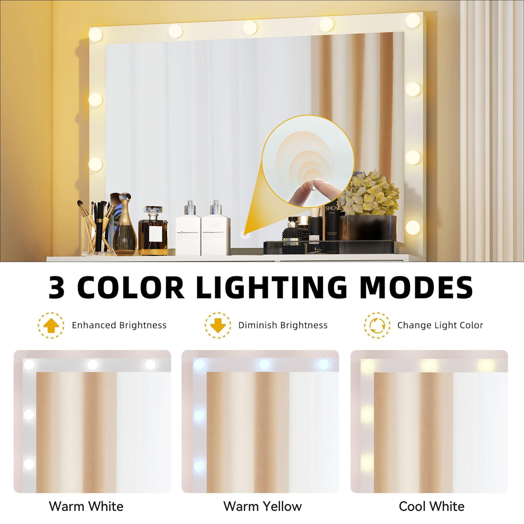 DWVO Makeup Vanity with Lighted Mirror, Vanity Desk with Power Strip, Adjustable Lighting, 4 Drawers, and Cushioned Stool for Bedroom, Dressing Room