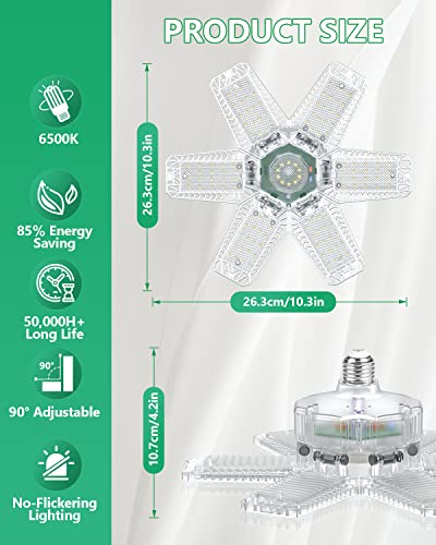 Garage Light 165W 16500LM 6500K 2 Pack, LED Garage Light LED Shop Lights Garage Lights Ceiling LED with 6+1 Adjustable Panels Support E26/E27 for Garage, Barn, Workshop, Basement(Transparent)