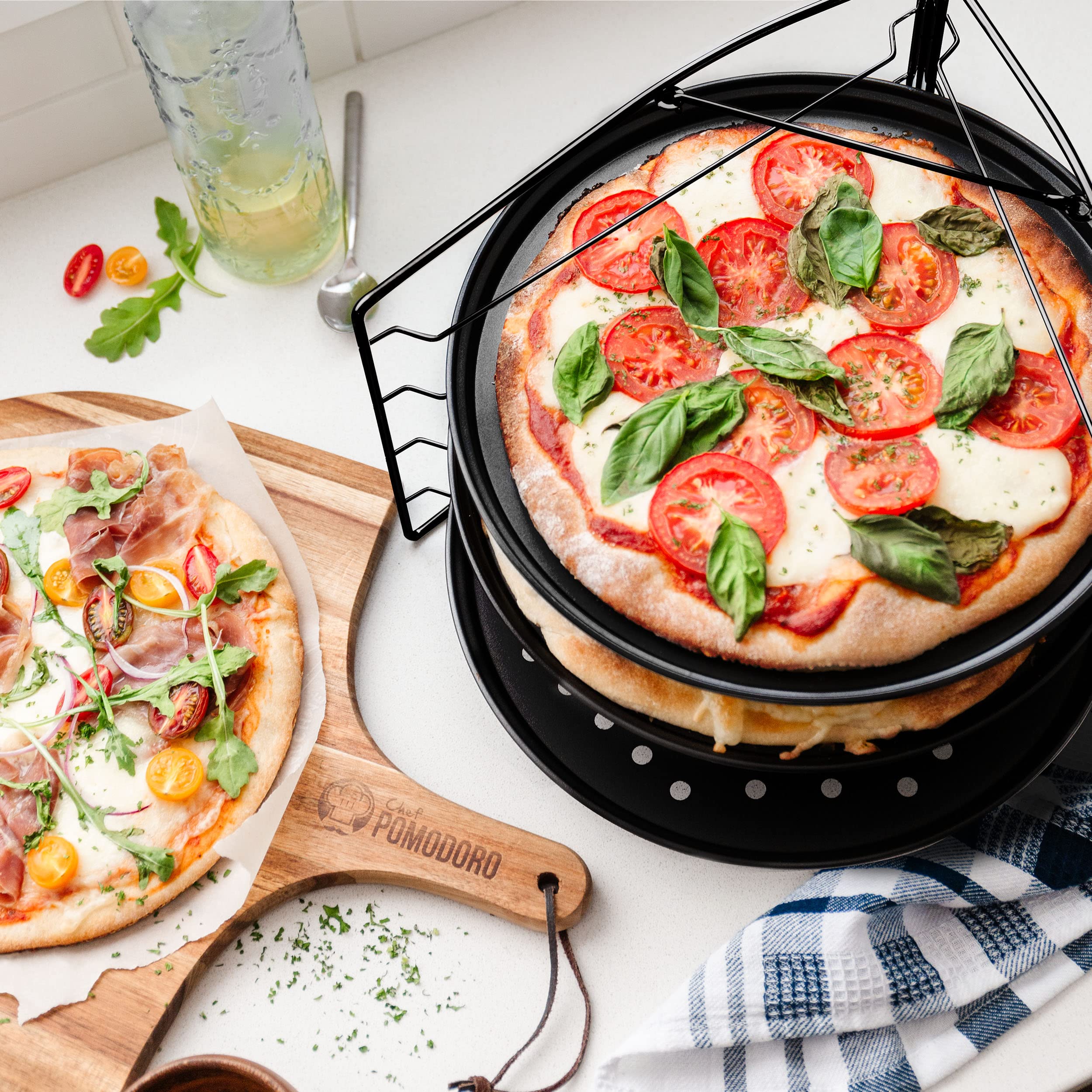 Chef Pomodoro Pizza Baking Set with 3 Pizza Pans & Pizza Rack, 13-Inch, Non-stick Pizza Stand & Pizza Tray for Oven, Grill, Pizza Pan with Holes, Perforated Pizza Pan for Oven, Barbeque
