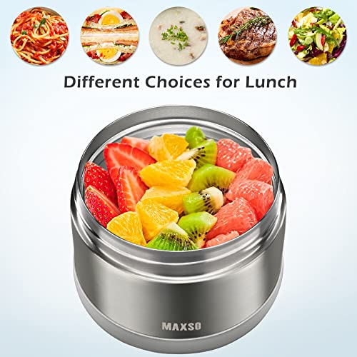 MAXSO Soup Thermos for Hot Food - 24 oz Vacuum Insulated Lunch Container with Foldable Spoon & Thermal Bag, Wide Mouth Bento Box for Adults (Silver)