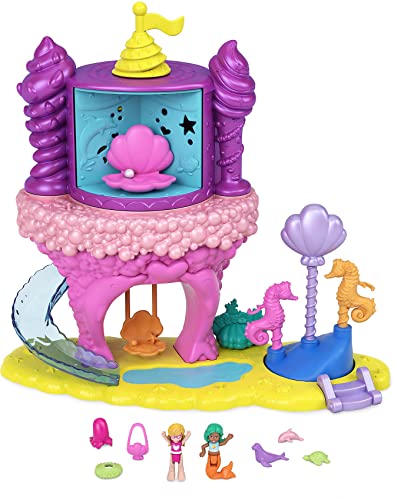 Polly Pocket Rainbow Funland Mermaid Cove Ride Playset, Polly & Mermaid Dolls, Accessories, Dispenser Feature for Surprises, Great Gift for Ages 4 & Up