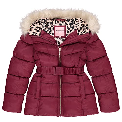 Juicy Couture Girl's Long Fur Hooded Belted Heavy Weight Parka Puffer Jacket, Warm Padded Winter Coats for Girls, Wine Red/M