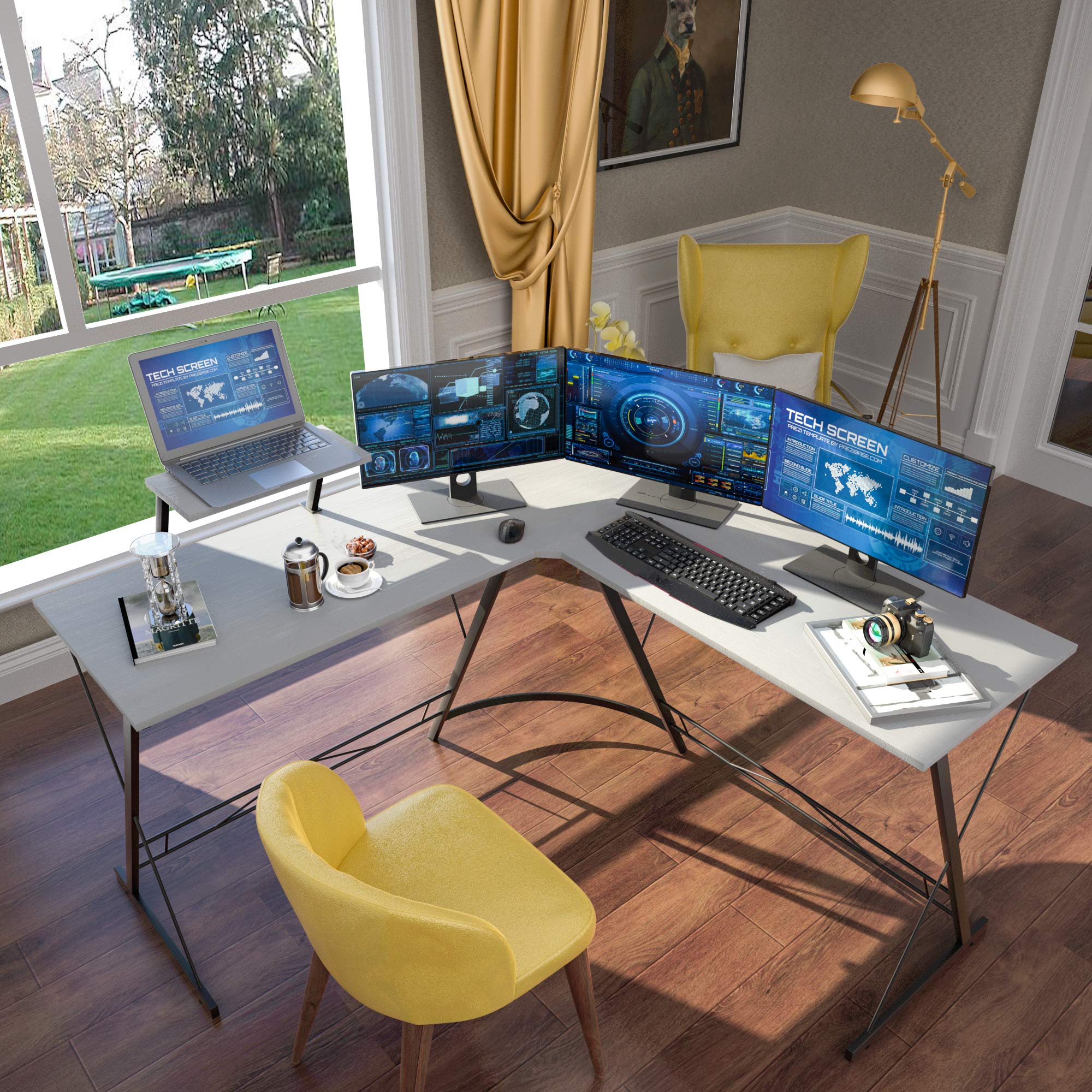 Casaottima L Shaped Gaming Desk, Home Office Desk with Round Corner, Computer Desk with Large Monitor Stand Desk Workstation