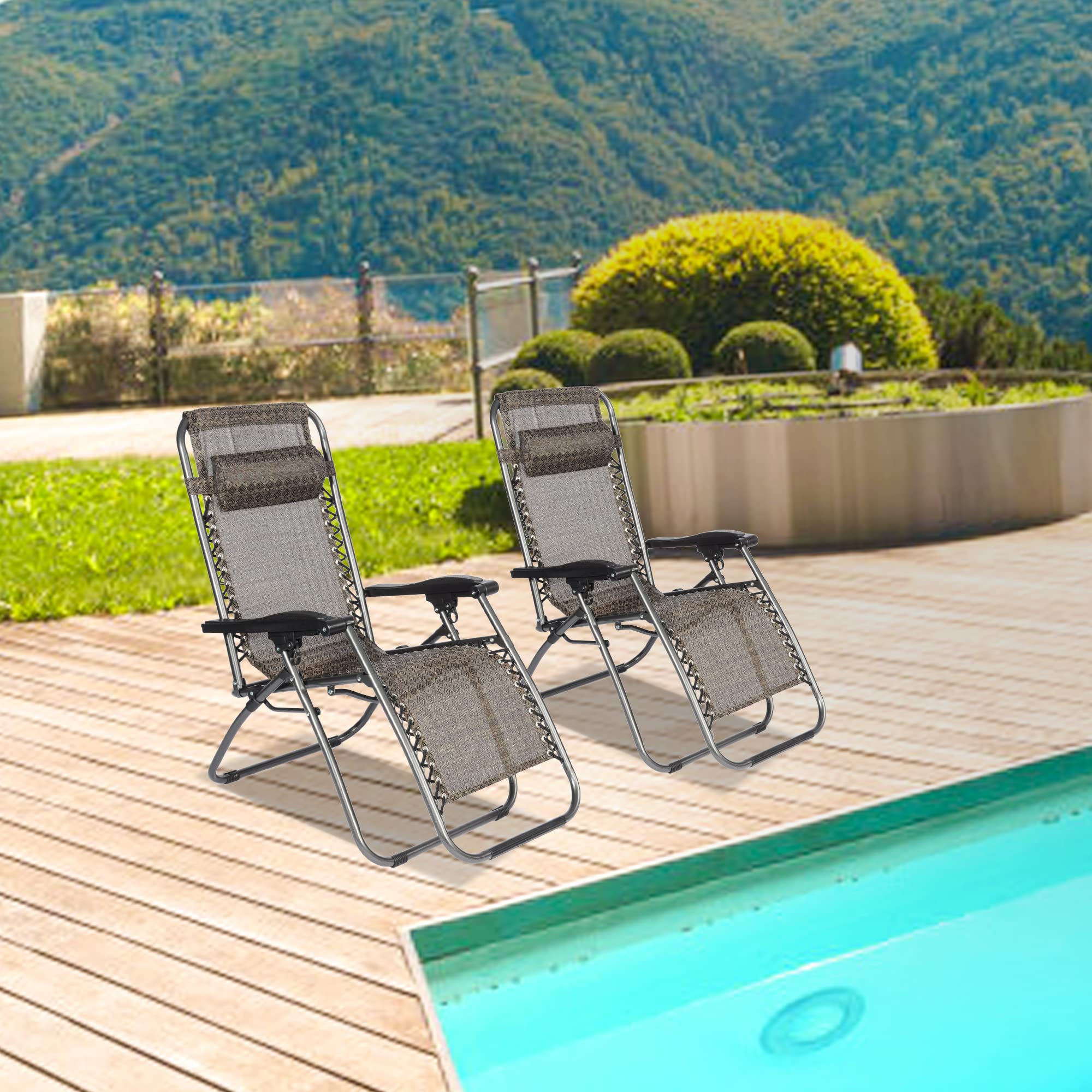 LUCKYERMORE Adjustable Textilene Zero Gravity Chairs Set of 2, Diamond Design Outdoor Folding Reclining Lounge Chair with Pillow, Hold up to 300 LBS, Patio Recliners for Pool Beach, Grey and Brown
