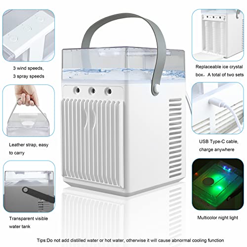 Portable Air Conditioner Fan Personal Air Conditioner Mini Evaporative Personal Air Cooler with 3 Speeds 2000mAh Battery Powered&USB Rechargeable Portable Evaporative Cooler for Bedroom Office Outdoor