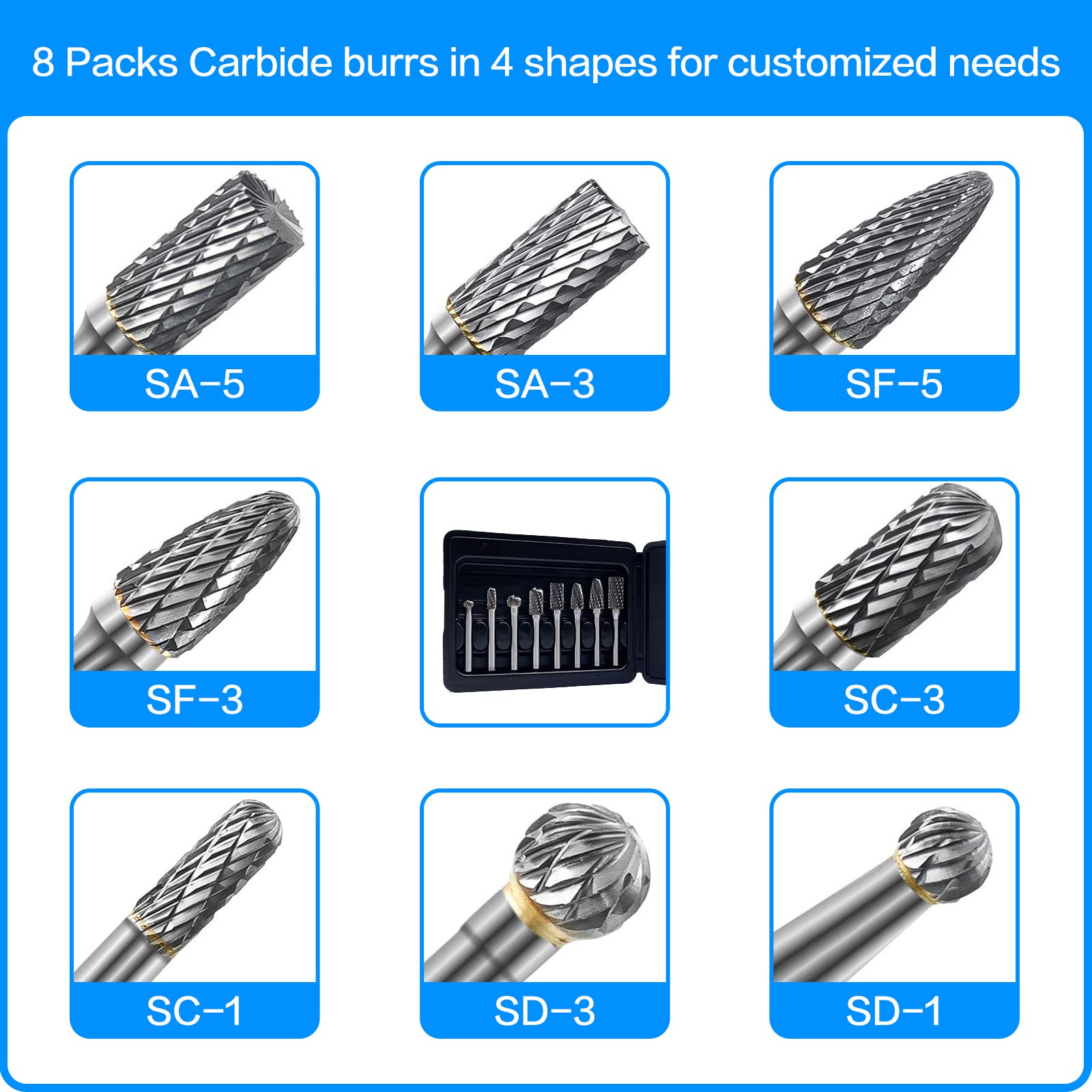 Carbide Burr Set, 1/4" Shank Die Grinder Bits, Tungsten Rotary Tool Bits Double Cut Rasp Files for Metal Weld Wood Stone Concrete Grinding Deburring Trimming Polishing Cutting, 8-pc in Sturdy Case