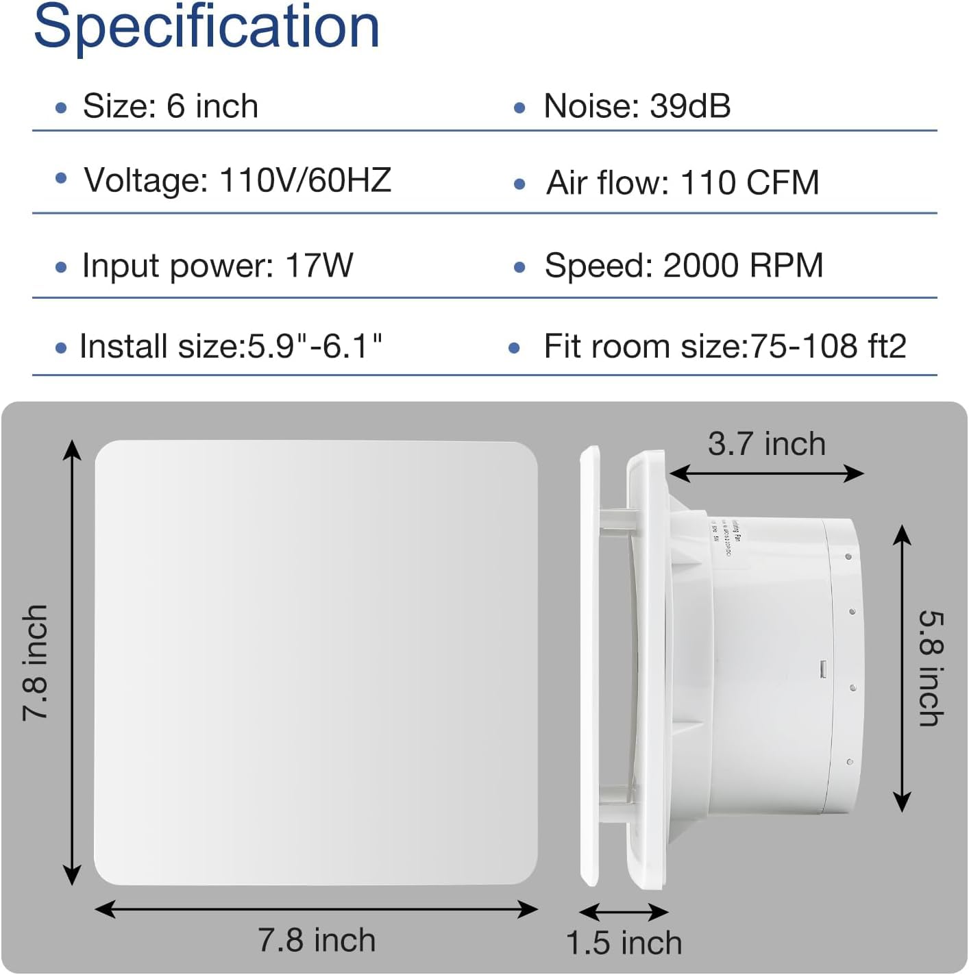 Fanspex 6” Bathroom Exhaust Fan With Front Panel, Bathroom Vent Fan for Window or Wall Mount, 1.0 Sones Quiet, 110 CFM, 17W Low Consumption, 5 Ft Long Cord with On/off Button