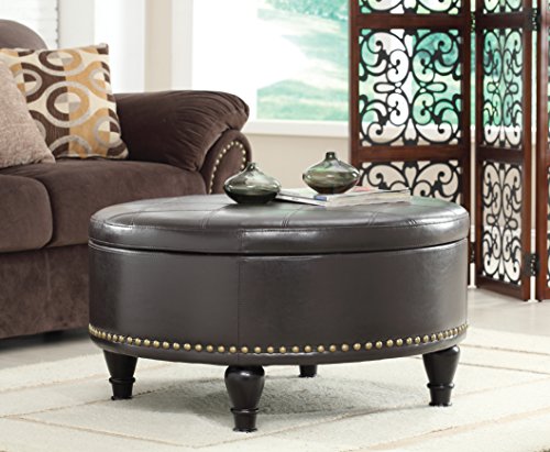 OSP Home Furnishings Augusta Round Storage Ottoman with Decorative Nailheads and Flip Over Lid with Serving Tray Surface, Espresso Faux Leather