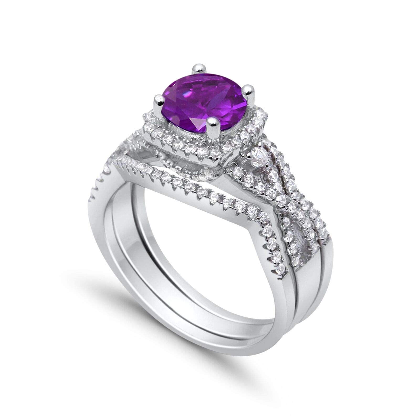 Blue Apple Co. Halo Three Piece Trio Set Wedding Ring Infinity Round Simulated Purple Amethyst CZ 925 Sterling Silver Size 6